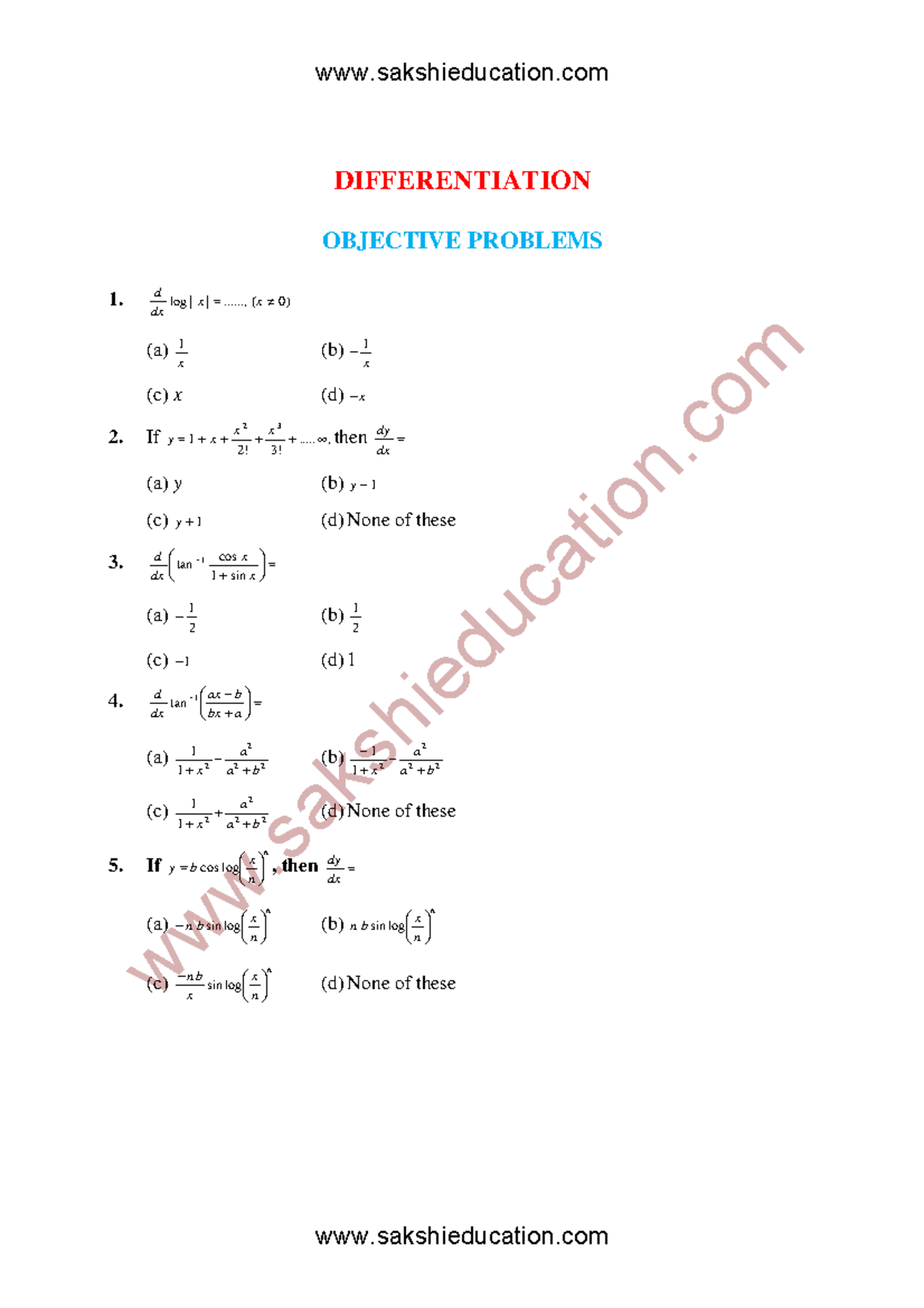 Differentiation - material - DIFFERENTIATION OBJECTIVE PROBLEMS 1. log ...
