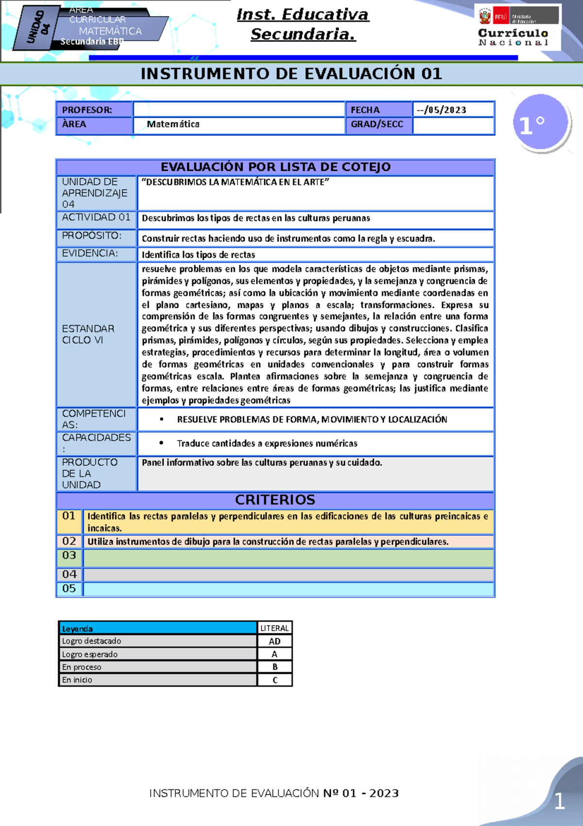 LC 1 MAT 1° SEM 01 - UNID 04 - MATEMÁTICA Secundaria EBR ÁREA CURRICULAR INSTRUMENTO DE ...