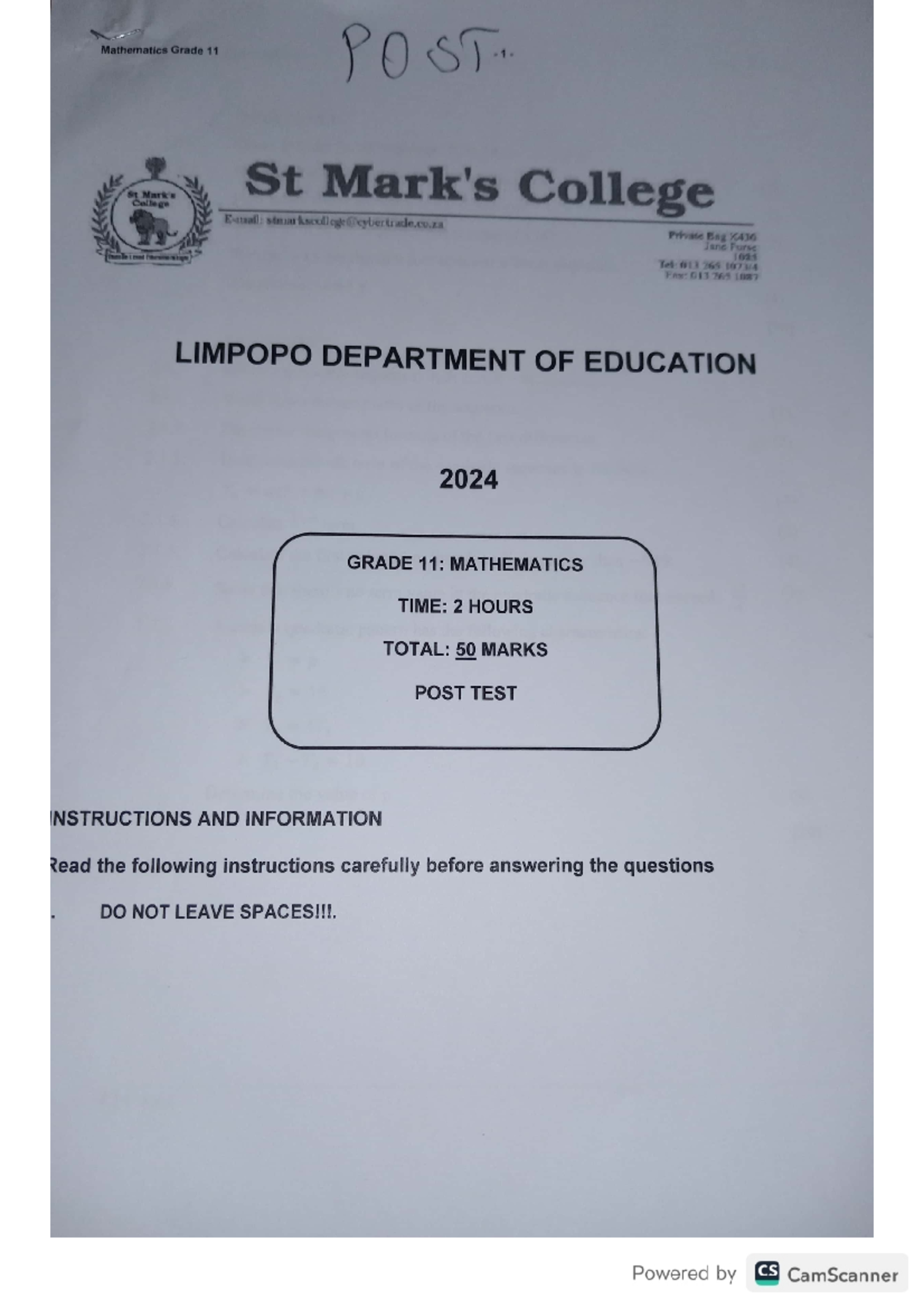 Maths post test grade 11 - Mathematics Grade 11 POST 15 St College St ...