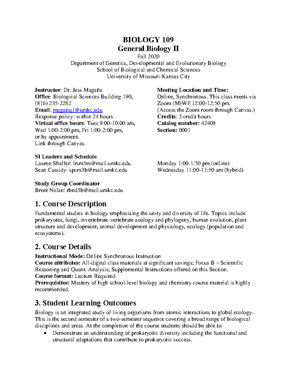 Biology 109 Syllabus Fall 2020 - updated 8-26-20 - BIOLOGY 109 - Warning: TT: undefined function ...