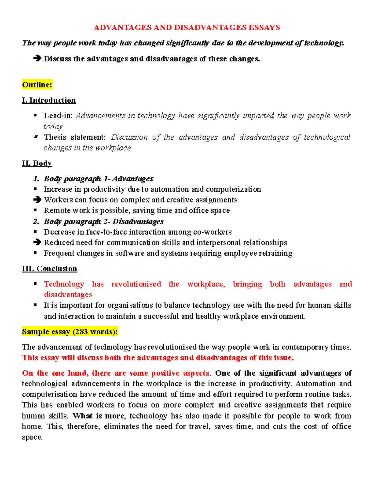 Advantages and disadvantages essays- sample topic question - ADVANTAGES AND DISADVANTAGES ESSAYS ...
