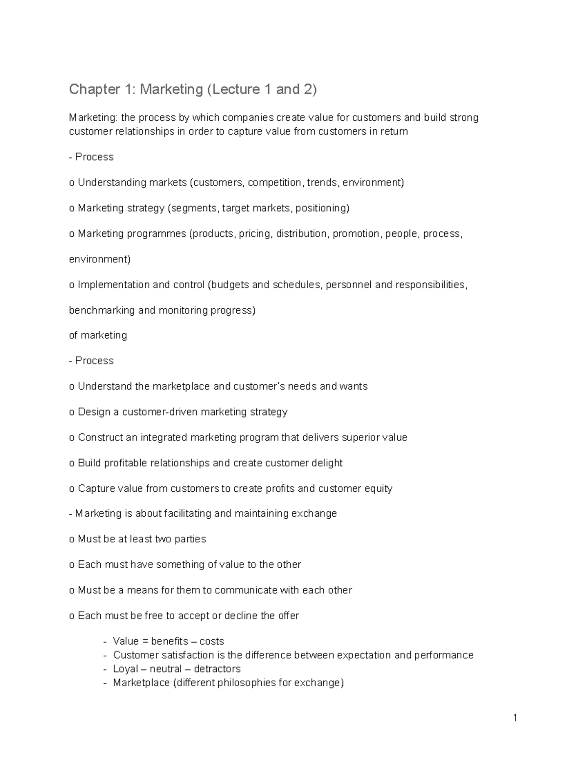 Chapter 1-3 - Chapter 1: Marketing (Lecture 1 and 2) Marketing: the ...