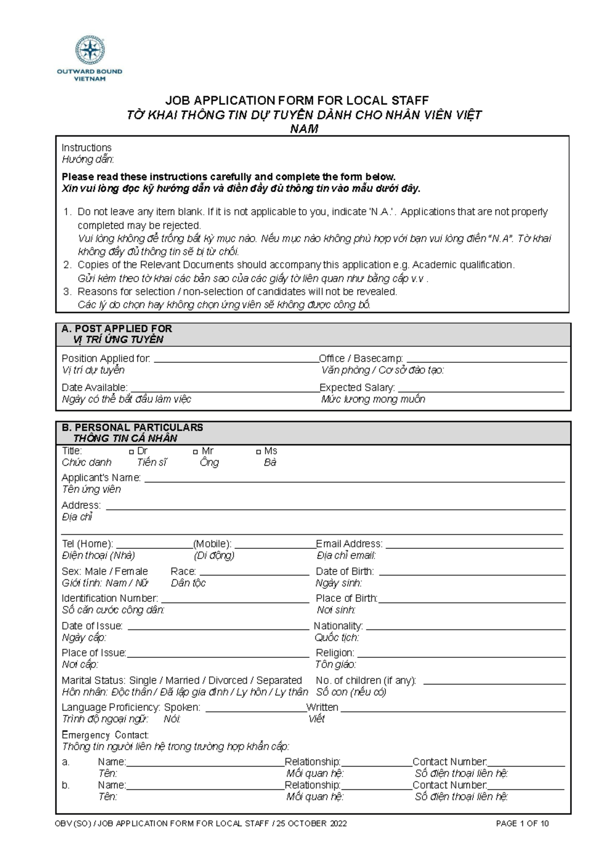 0OBV Job Application Form for Local Staff Oct2022 - JOB APPLICATION ...