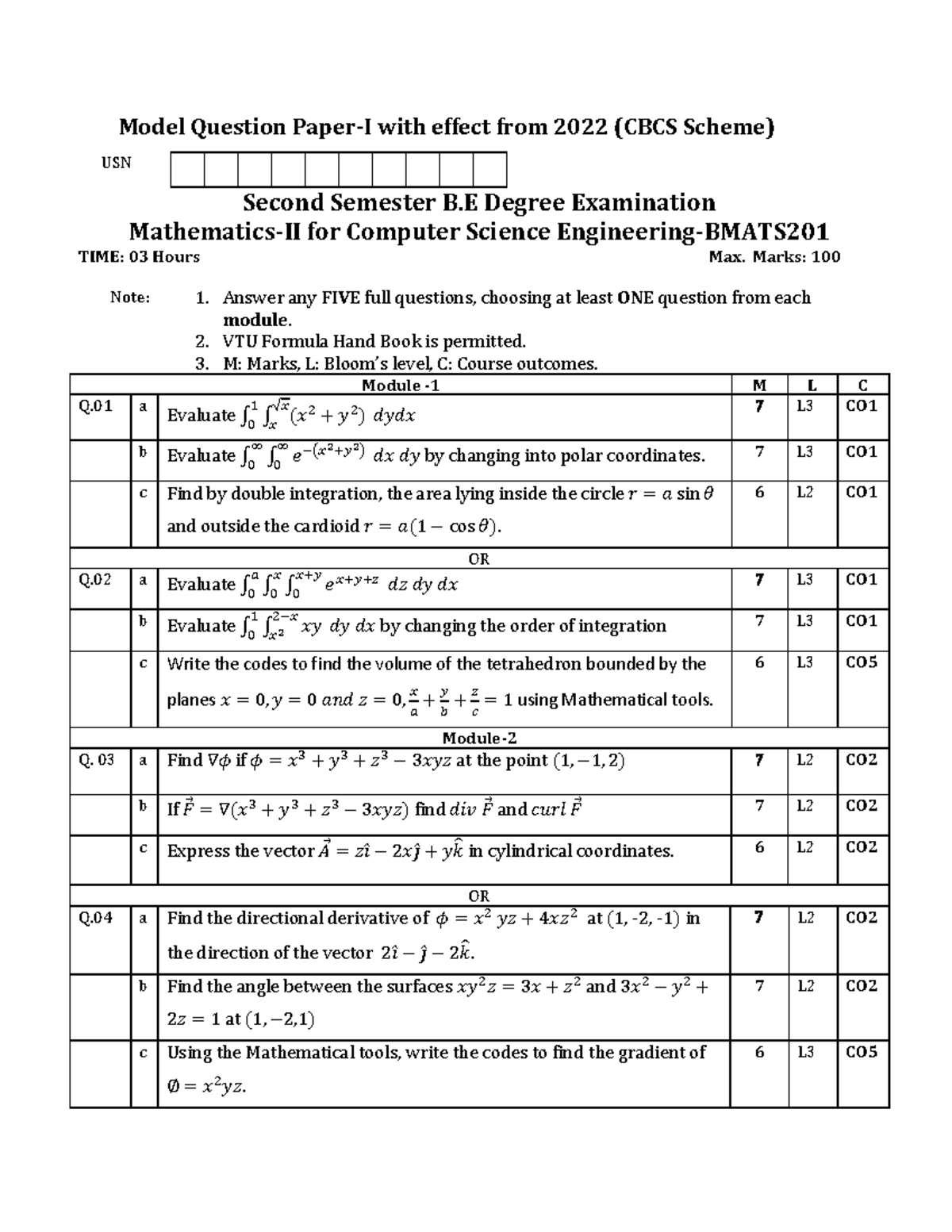 Bmats201 model Question paper for CS stream - Model Question Paper-I ...