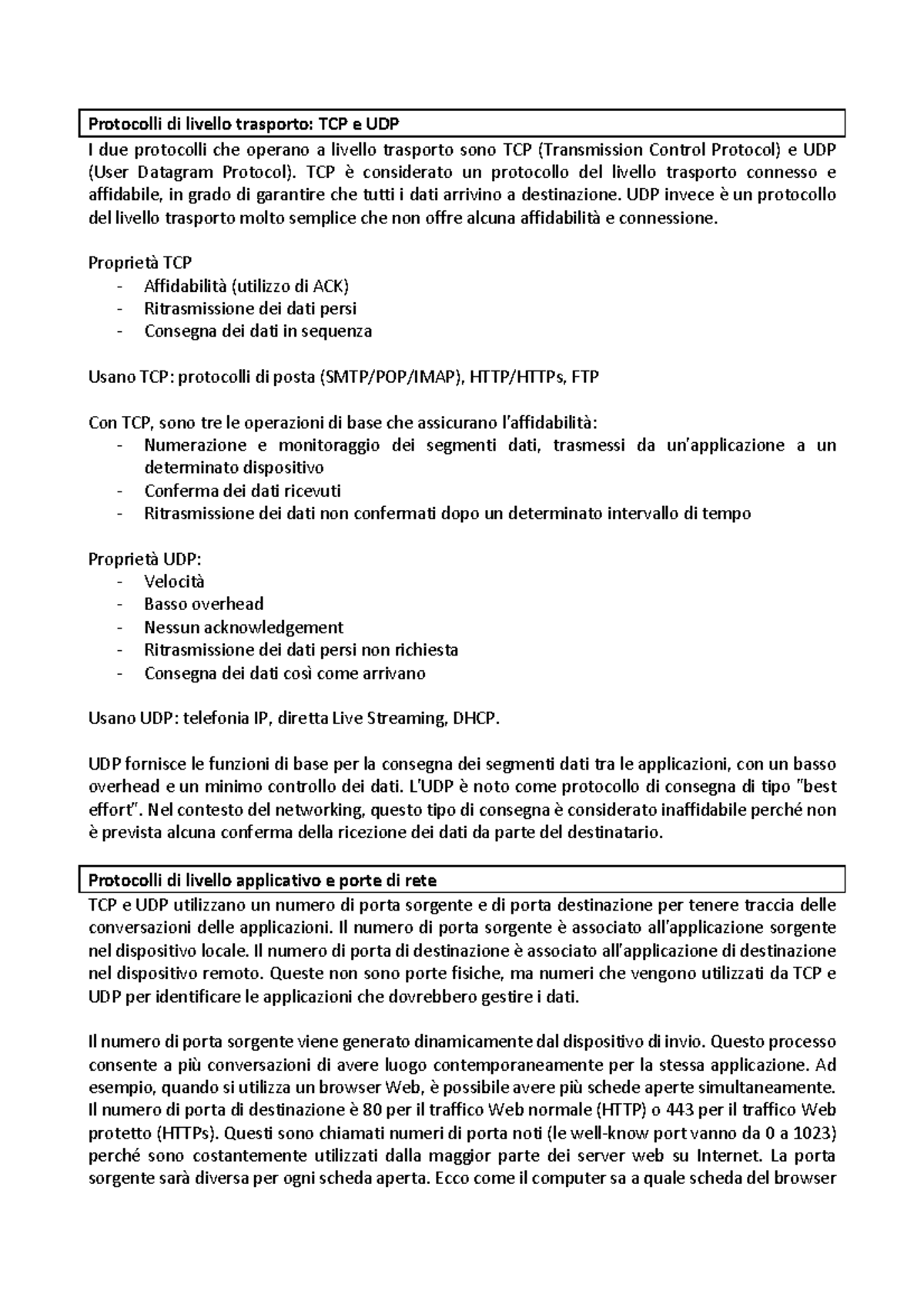 Concetti di networking - Protocolli di livello trasporto: TCP e UDP I ...