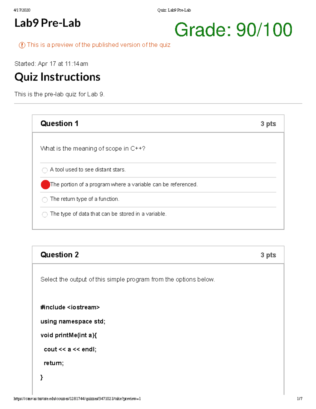 Pre-Lab 9 (QUIZ) CS1428 - Lab9 Pre-Lab This is a preview of the published version of the quiz ...