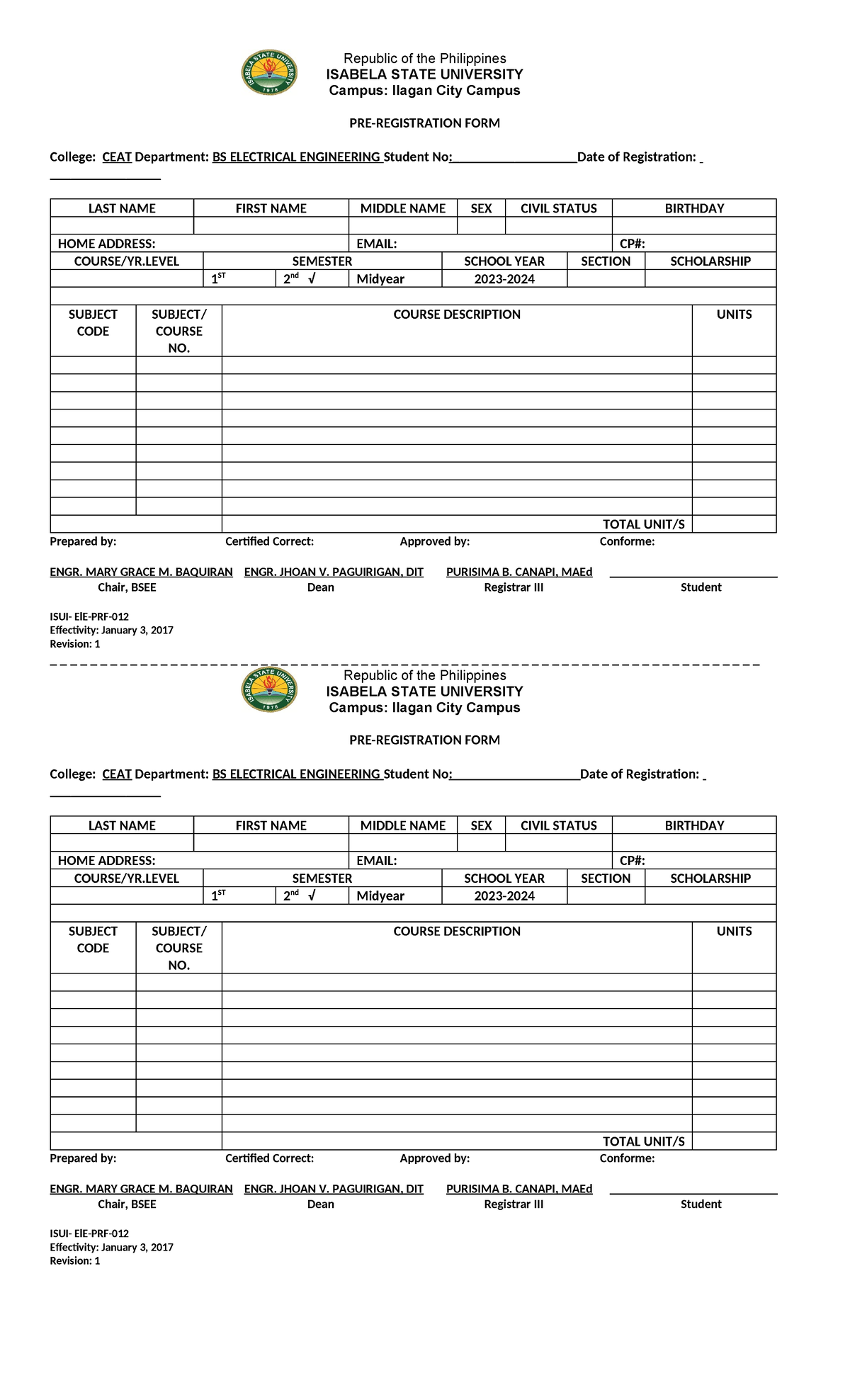 PRE Enrollment FORM BSEE 2 - Republic of the Philippines ISABELA STATE ...