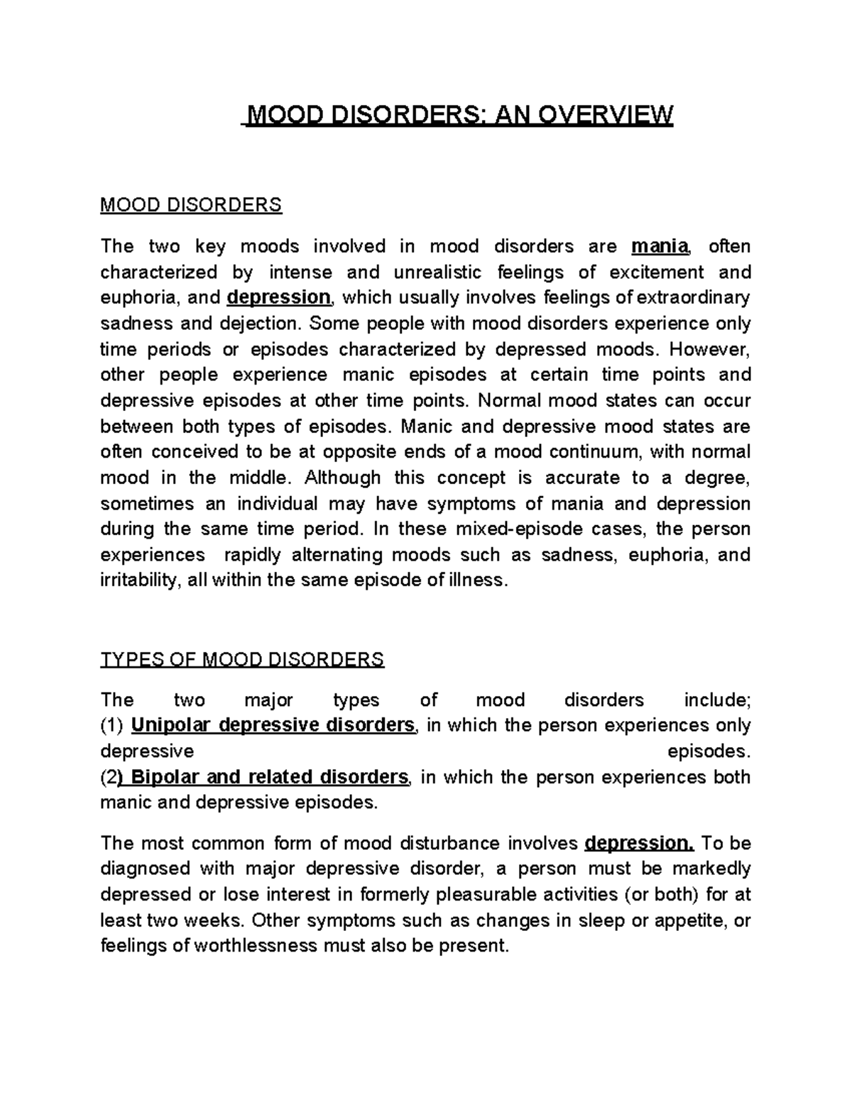 Module 5 AB - abnormal psychology - MOOD DISORDERS: AN OVERVIEW MOOD ...