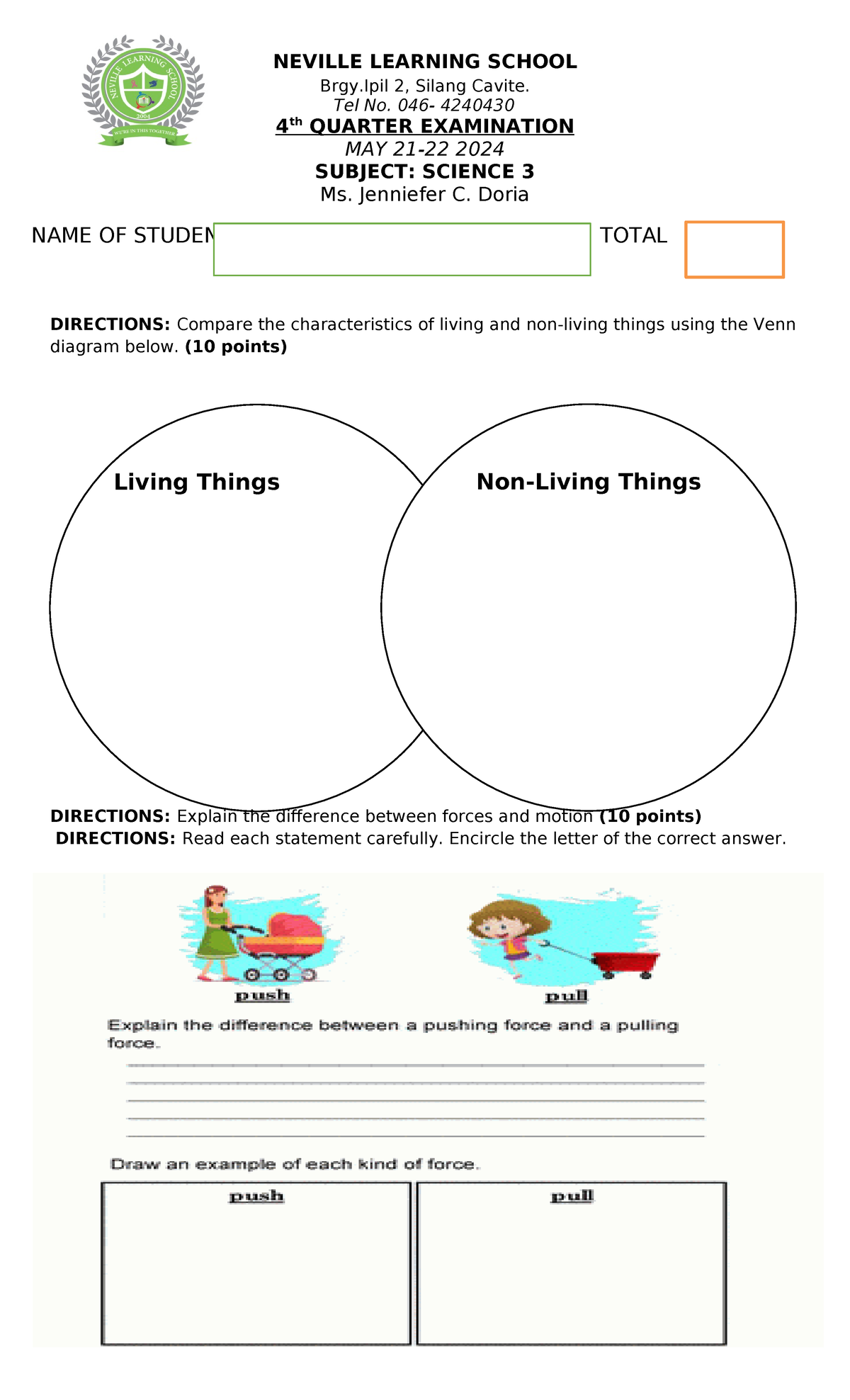 4th Quarter Science EXAM - Living Things Non-Living Things NEVILLE ...
