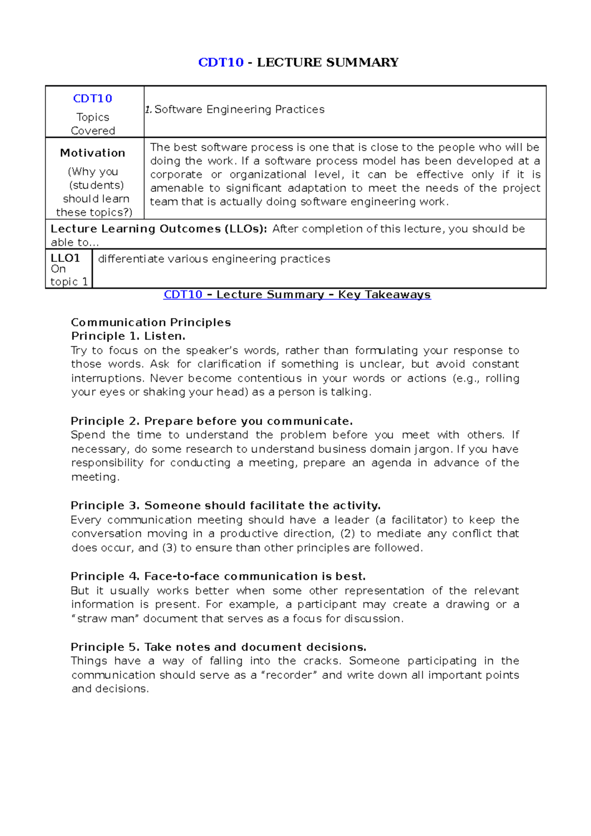 Software Engineering Practice - CDT10 - LECTURE SUMMARY CDT Topics ...