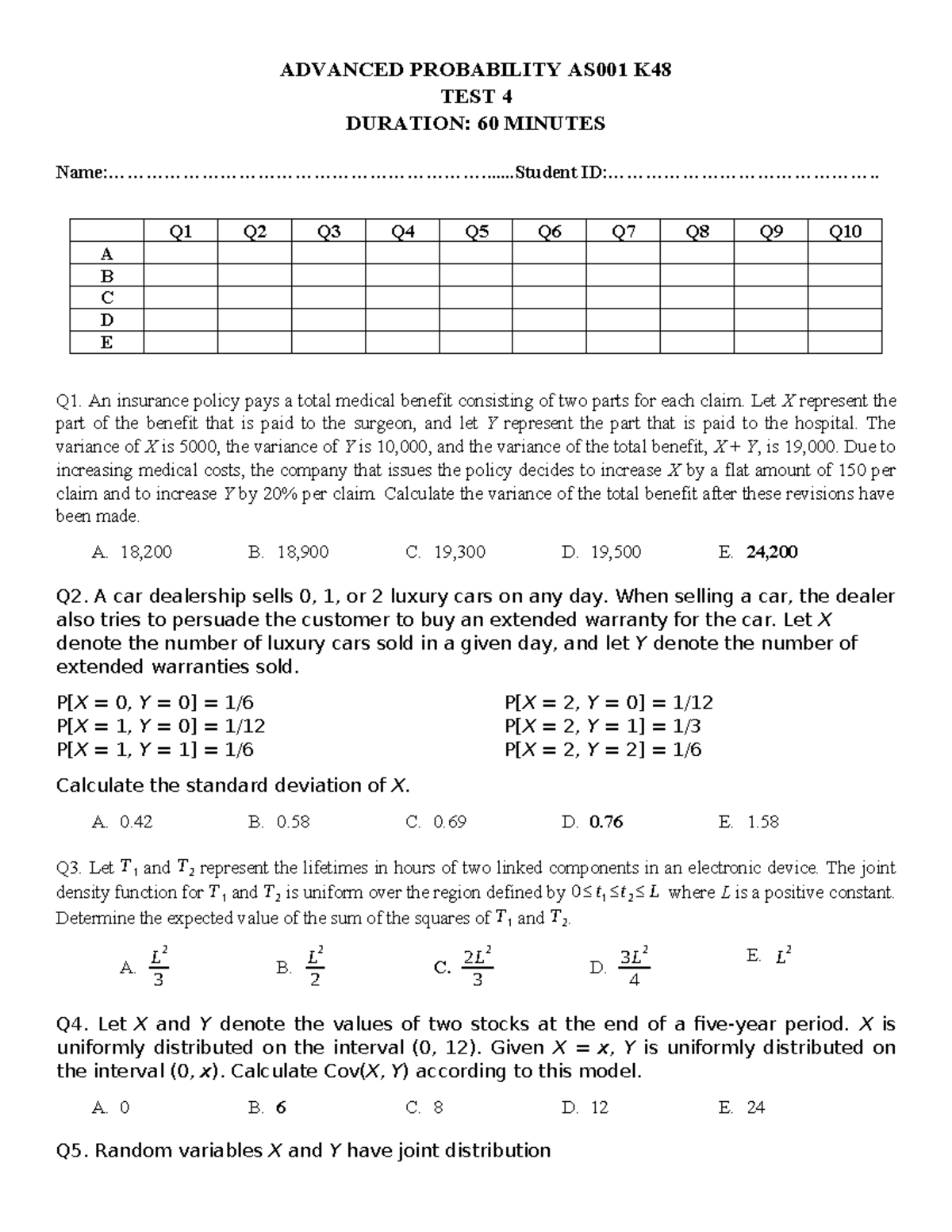 2023 Advanced Prob Test4 - ADVANCED PROBABILITY AS001 K TEST 4 DURATION ...