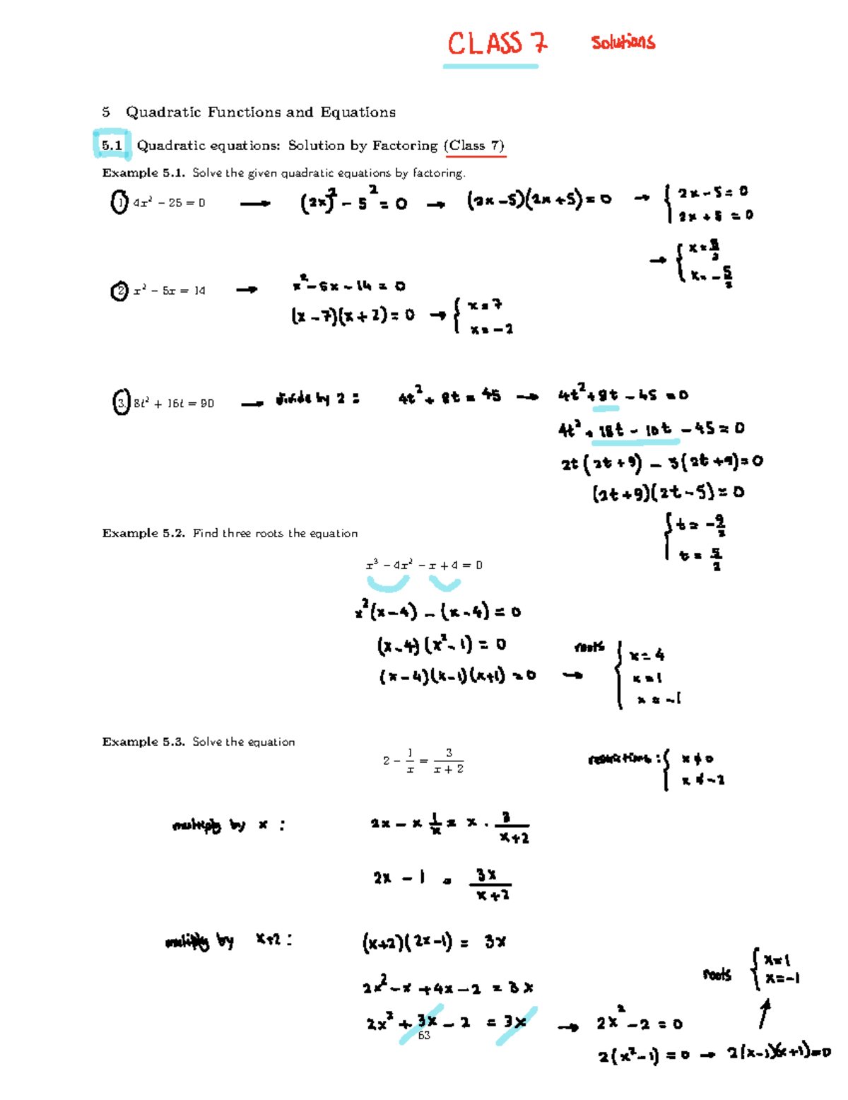Class 7 notes solutions - 5 Quadratic Functions and Equations 5 ...