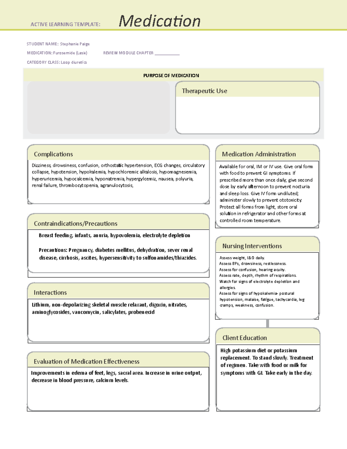 Furosemide Med Card - Sim Med Card - STUDENT NAME: Stephanie Paige ...