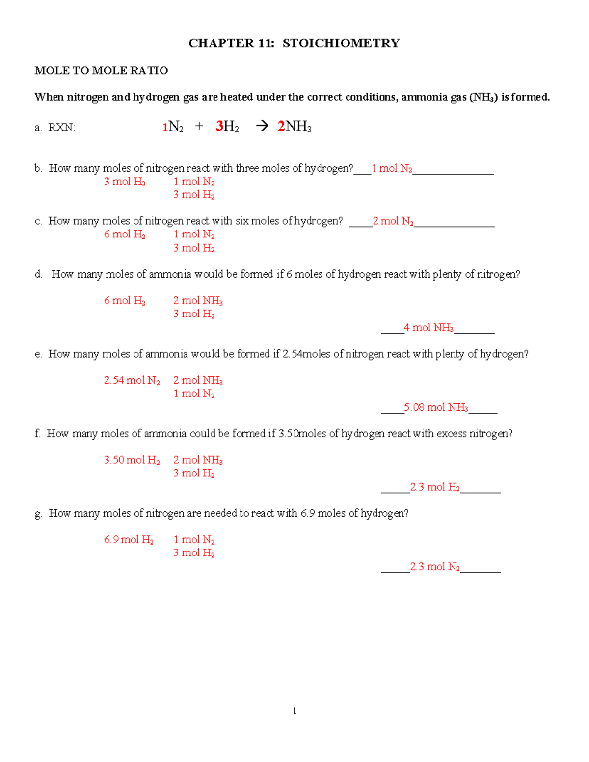 Stoichiometry Notes AY KEY - CHAPTER 11: STOICHIOMETRY MOLE TO MOLE ...