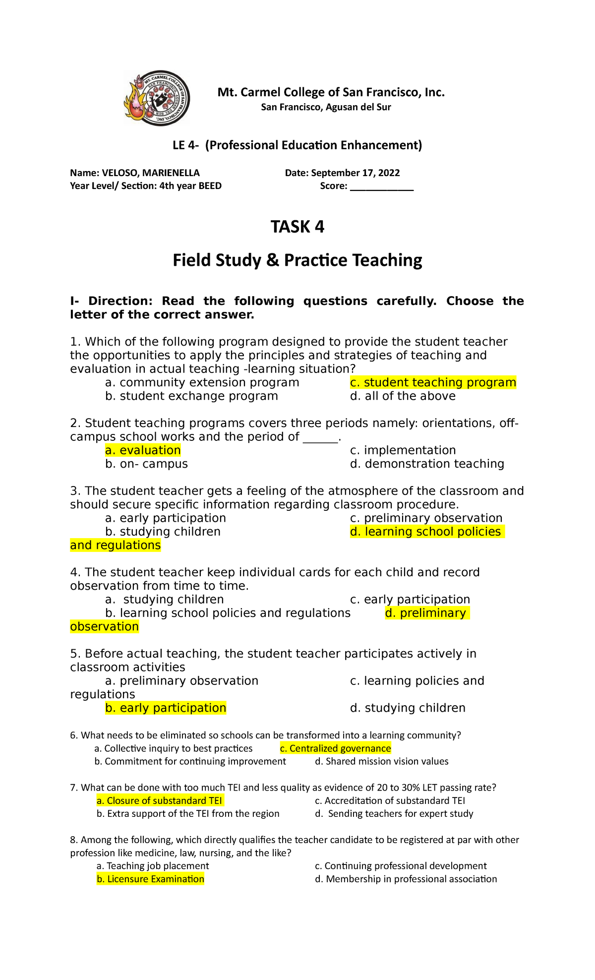 LE 2 TASK 4 Answer - Reviewer - Mt. Carmel College of San Francisco ...