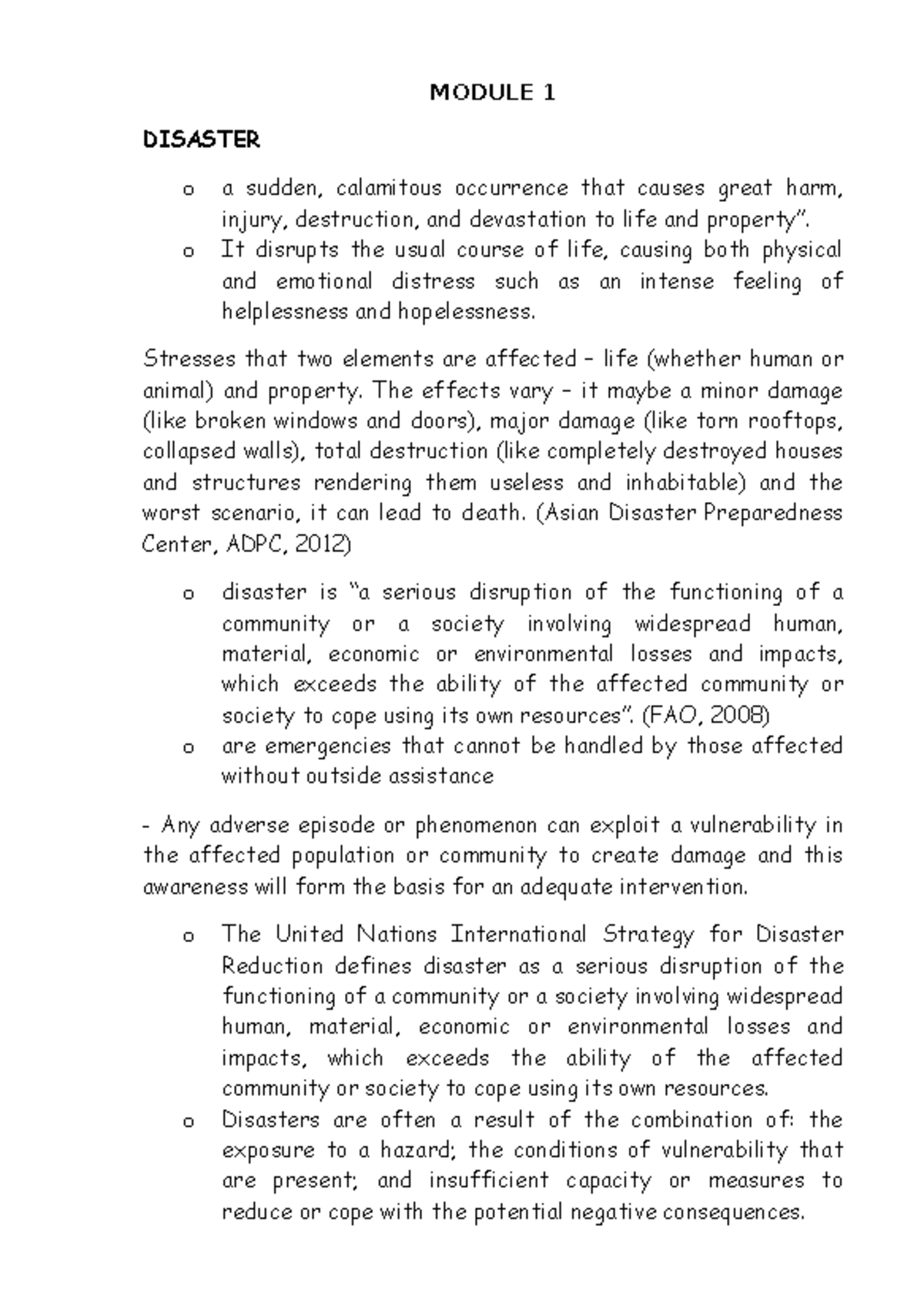 DRR 1-2 - DRRR - MODULE 1 DISASTER o a sudden, calamitous occurrence ...