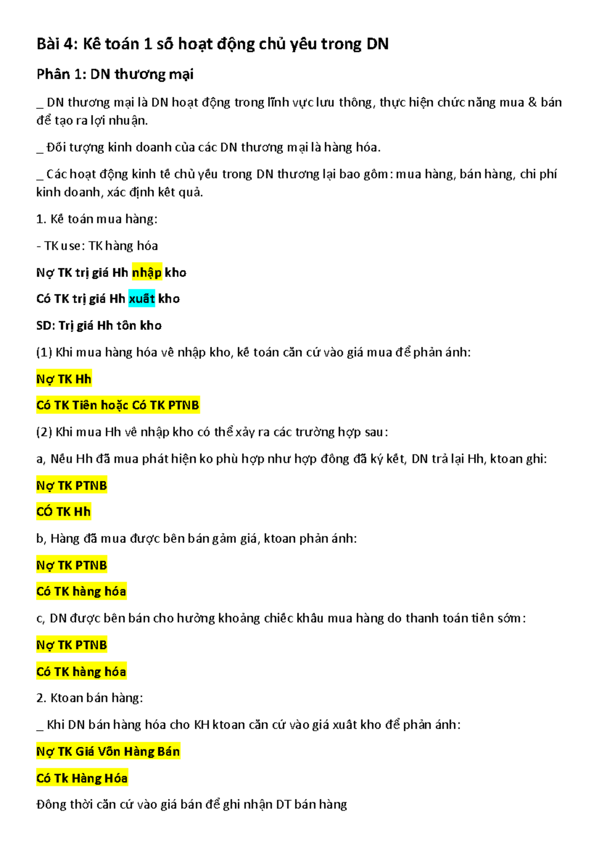 Bài 4 - NLKT B4 - Bài 4: Kếế toán 1 sốế ho t đ ng chạ ộ ủyếếu trong DN Phầần 1: DN th ương m i ạ ...