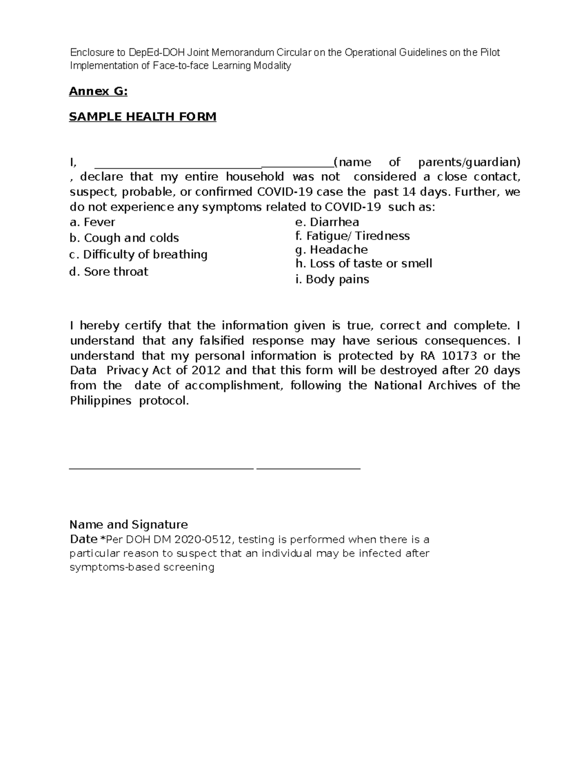 Annex G Sample Health Form(1) - Enclosure to DepEd-DOH Joint Memorandum ...