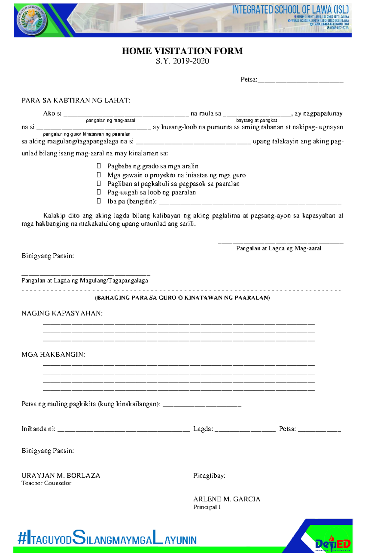 Updated Home Visitation Form - HOME VISITATION FORM S. 2019- Petsa