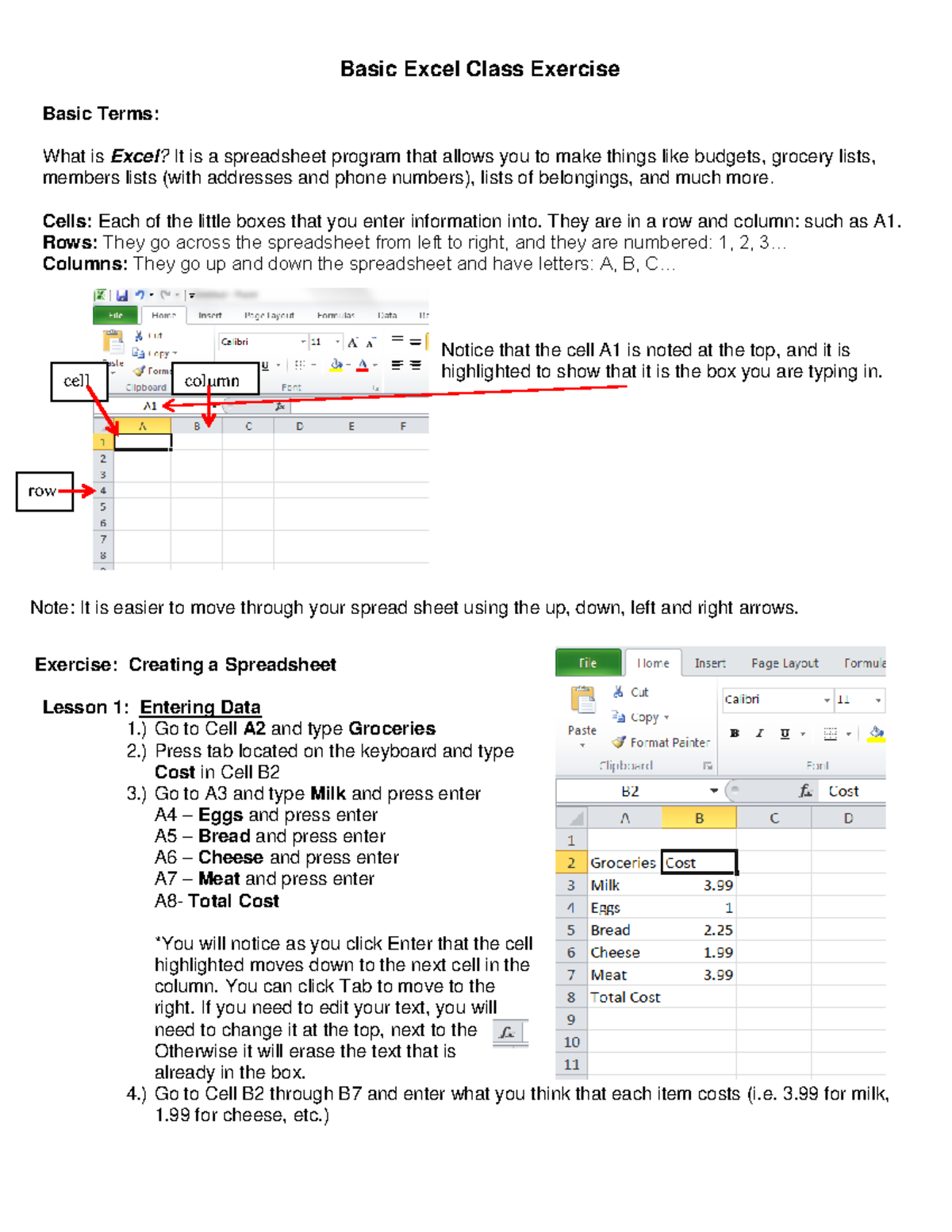 Basic Excel (PDF) - Basic Excel Class Exercise Basic Terms: What is ...