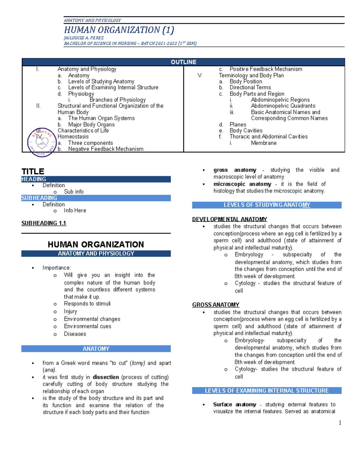 [ Anaphy LEC] Perez 1 The Human Organization - TITLE HEADING Definition ...