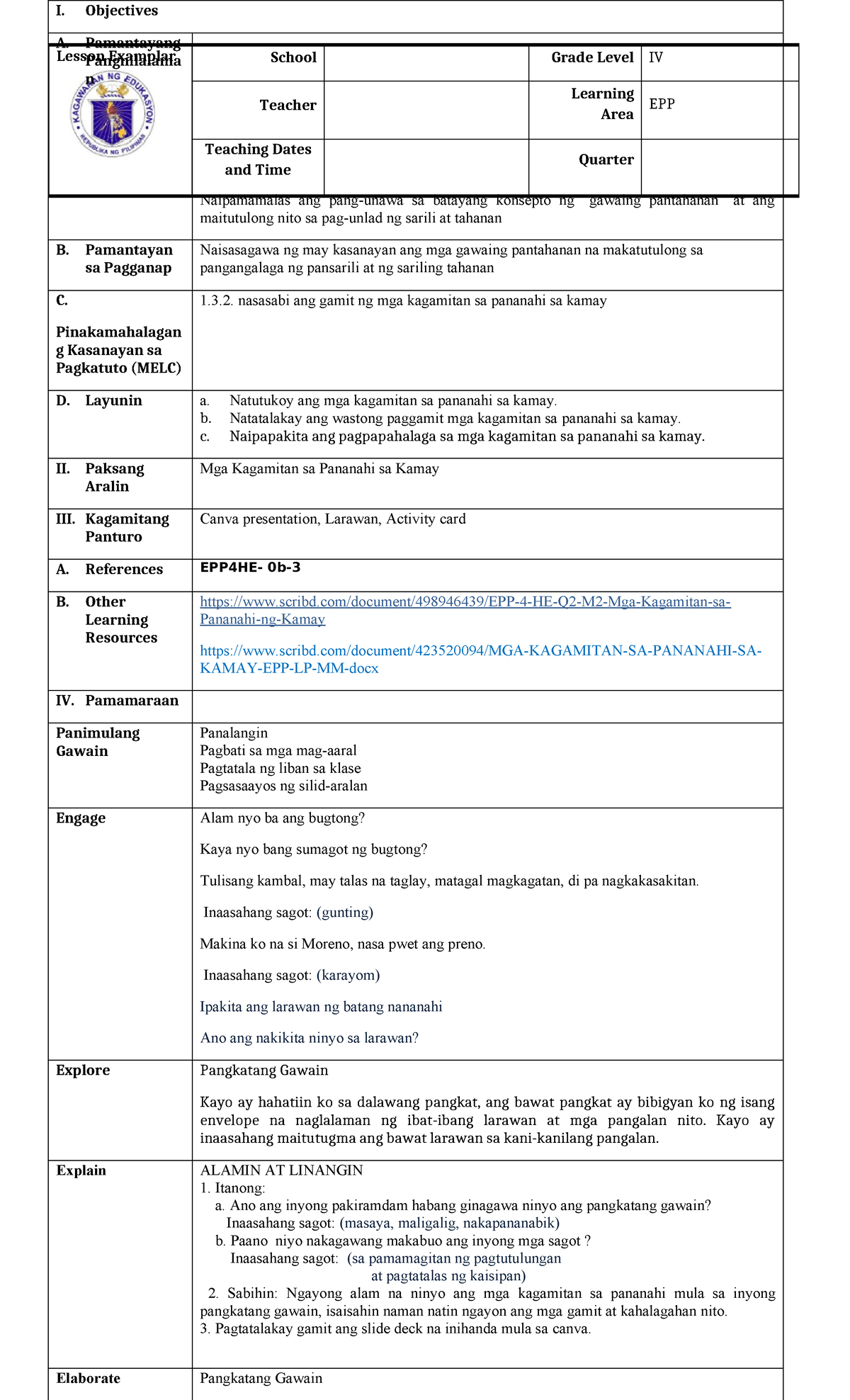 Alvarez Banghay-Aralin-sa-EPP - Lesson Examplar School Grade Level IV ...