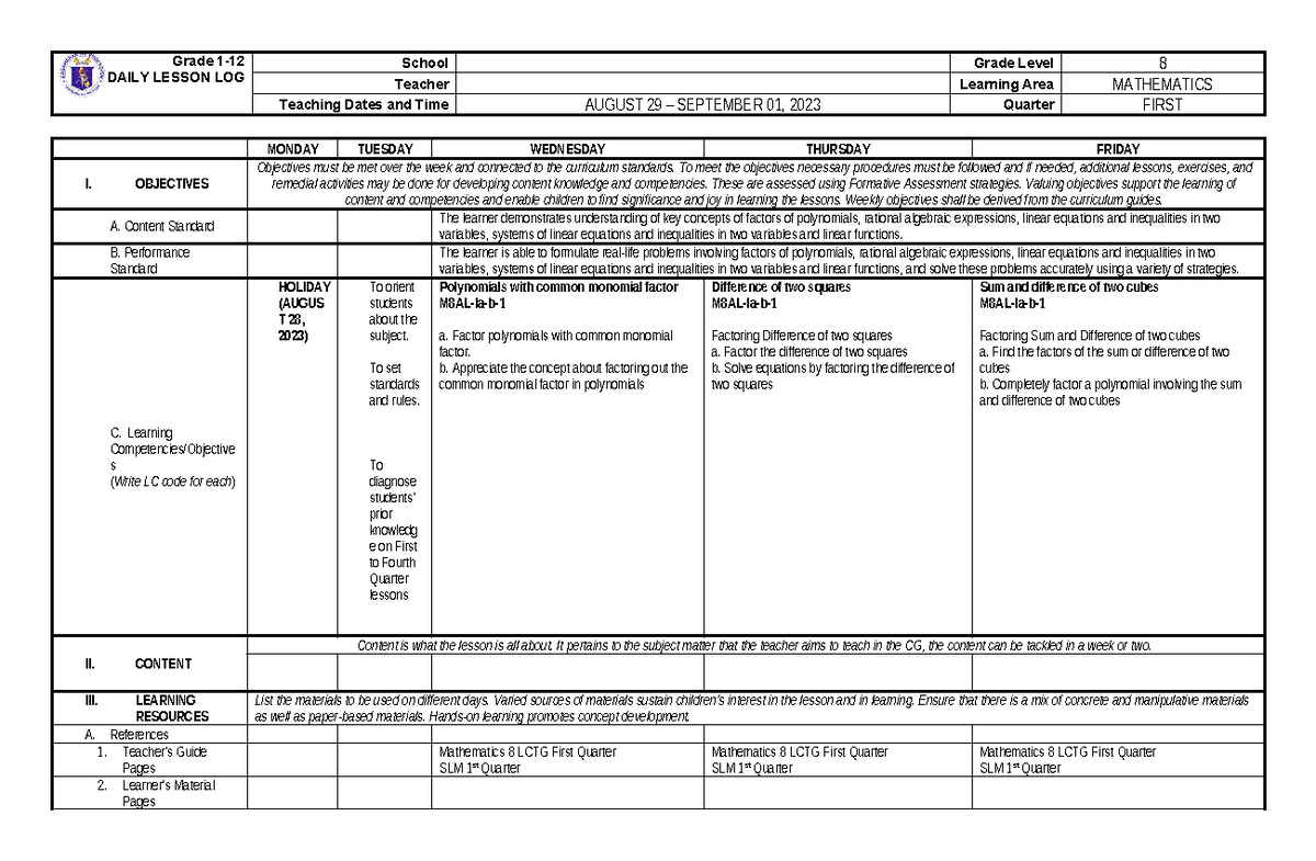 DLL Q1W1 MATH 8 - Another sample lesson plan - Grade 1- DAILY LESSON ...