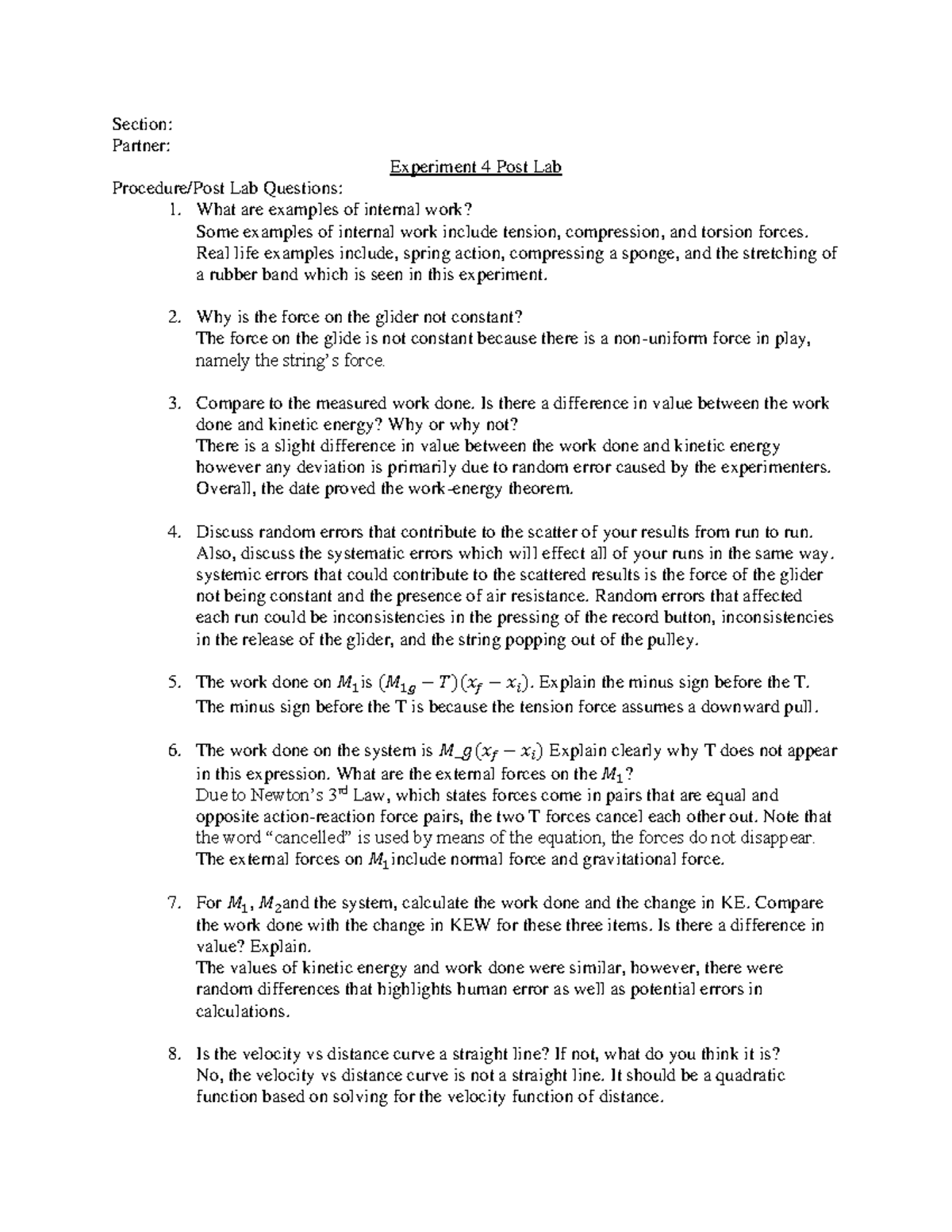 [Physics] Experiment 4 Post Lab - Section: Partner: Experiment 4 Post ...