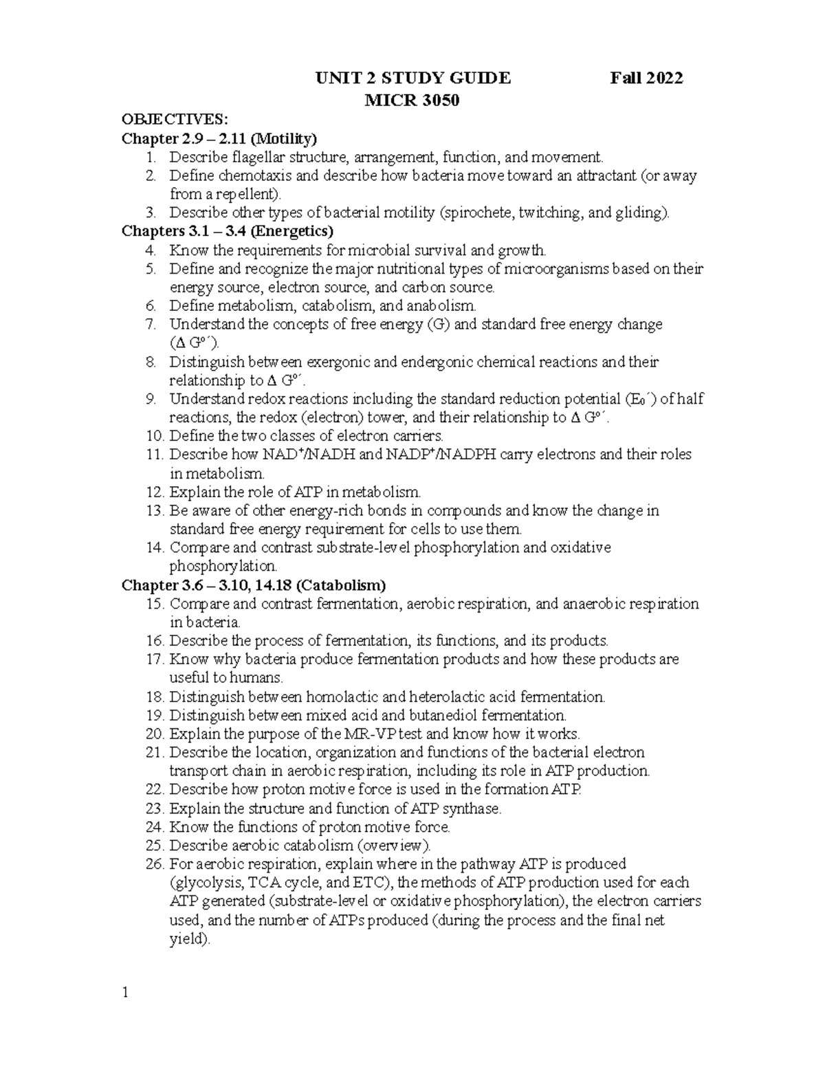 Microbiology Unit 2 study guide - UNIT 2 STUDY GUIDE Fall 2022 MICR ...