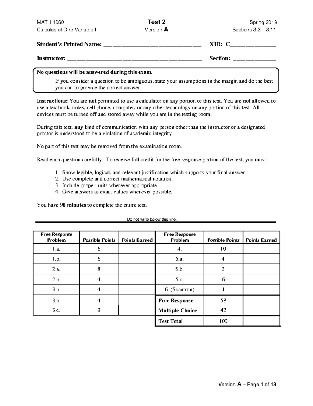 2019 01 Test2 - Calculus of One Variable I Version A Sections 3 – 3 ...
