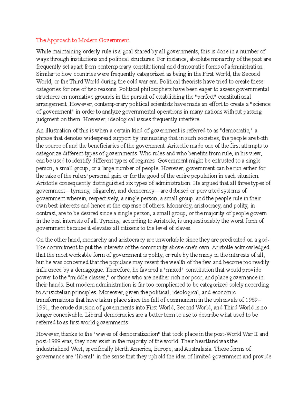 The Approach to Modern Government - For instance, absolute monarchy of ...