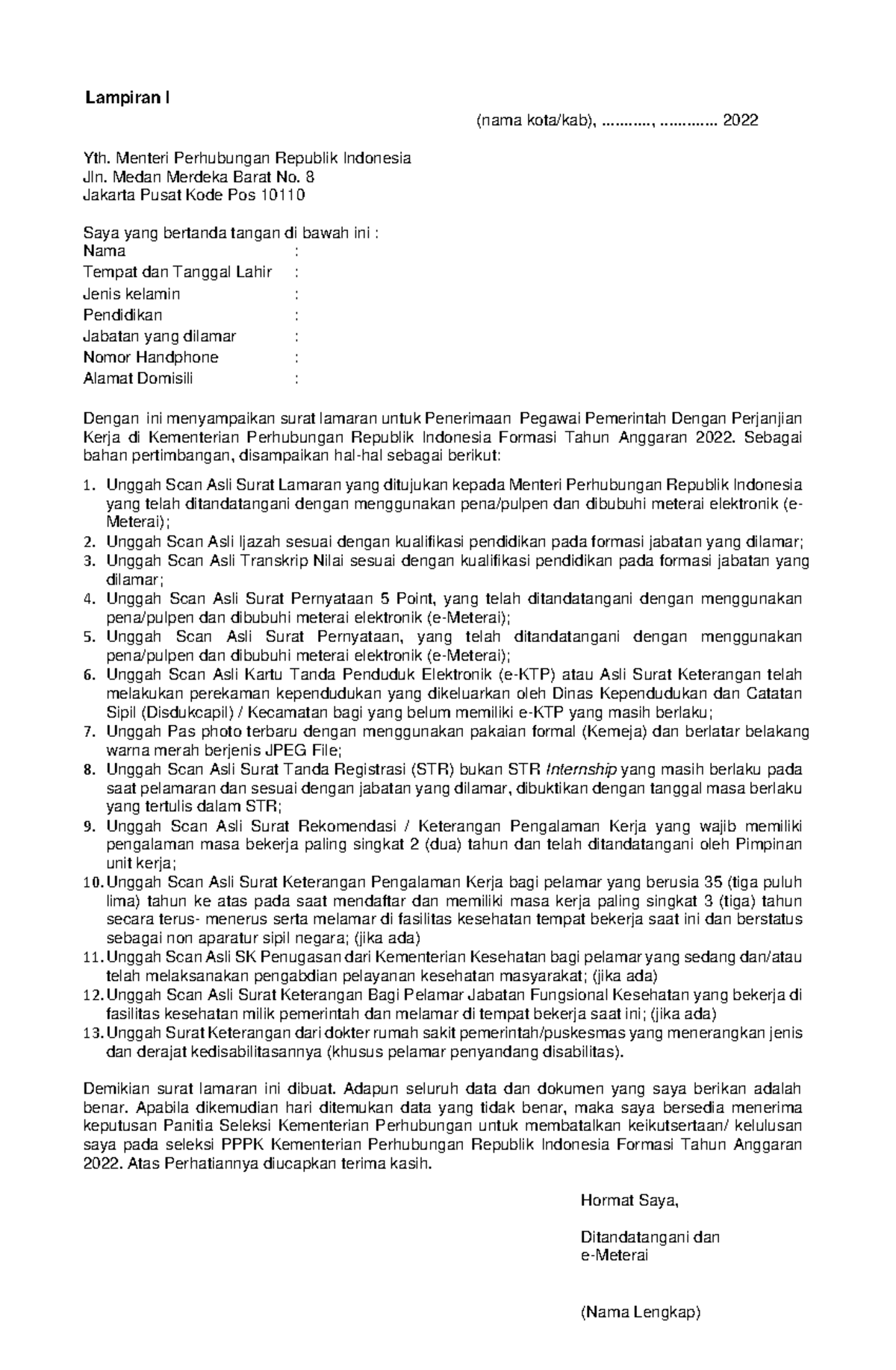 Format-Surat-Lamaran - Lampiran I (nama kota/kab ...