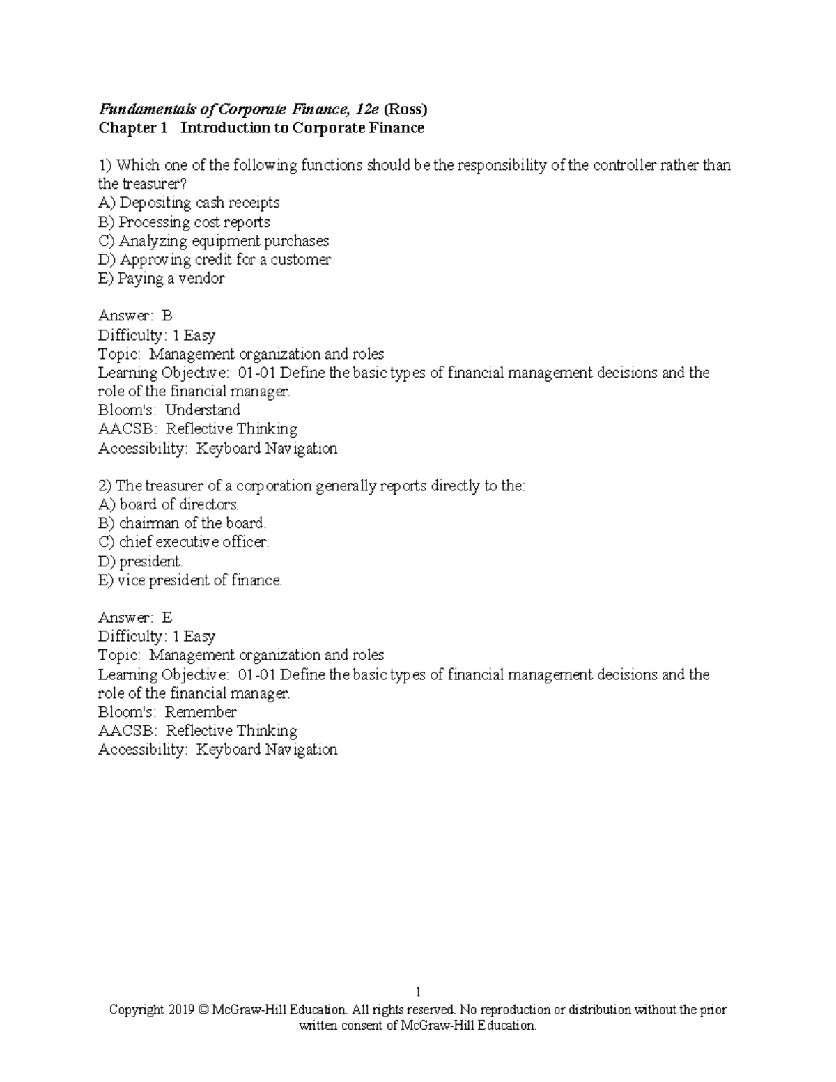 Ross12e Chapter 01 TB Answer Key - Fundamentals of Corporate Finance ...