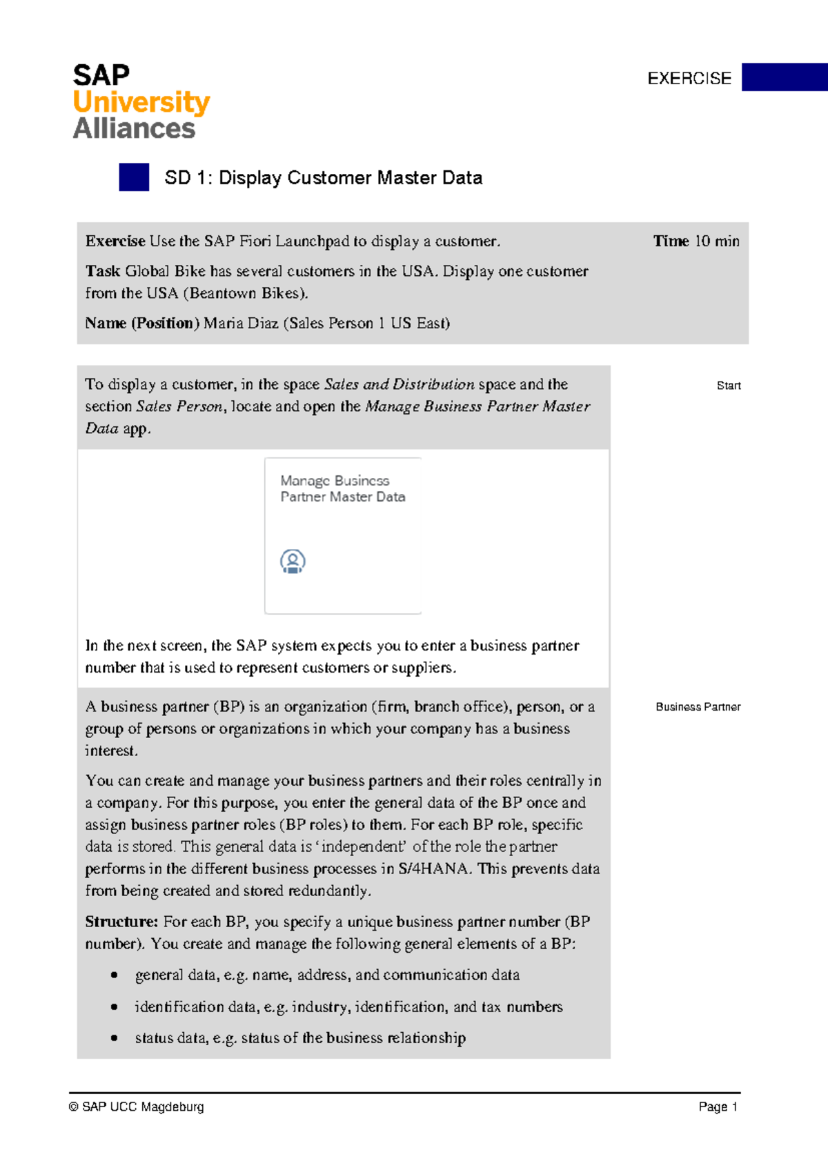 Intro S4HANA Using Global Bike Exercises SD en v4 - SD 1: Display Customer Master Data Exercise ...