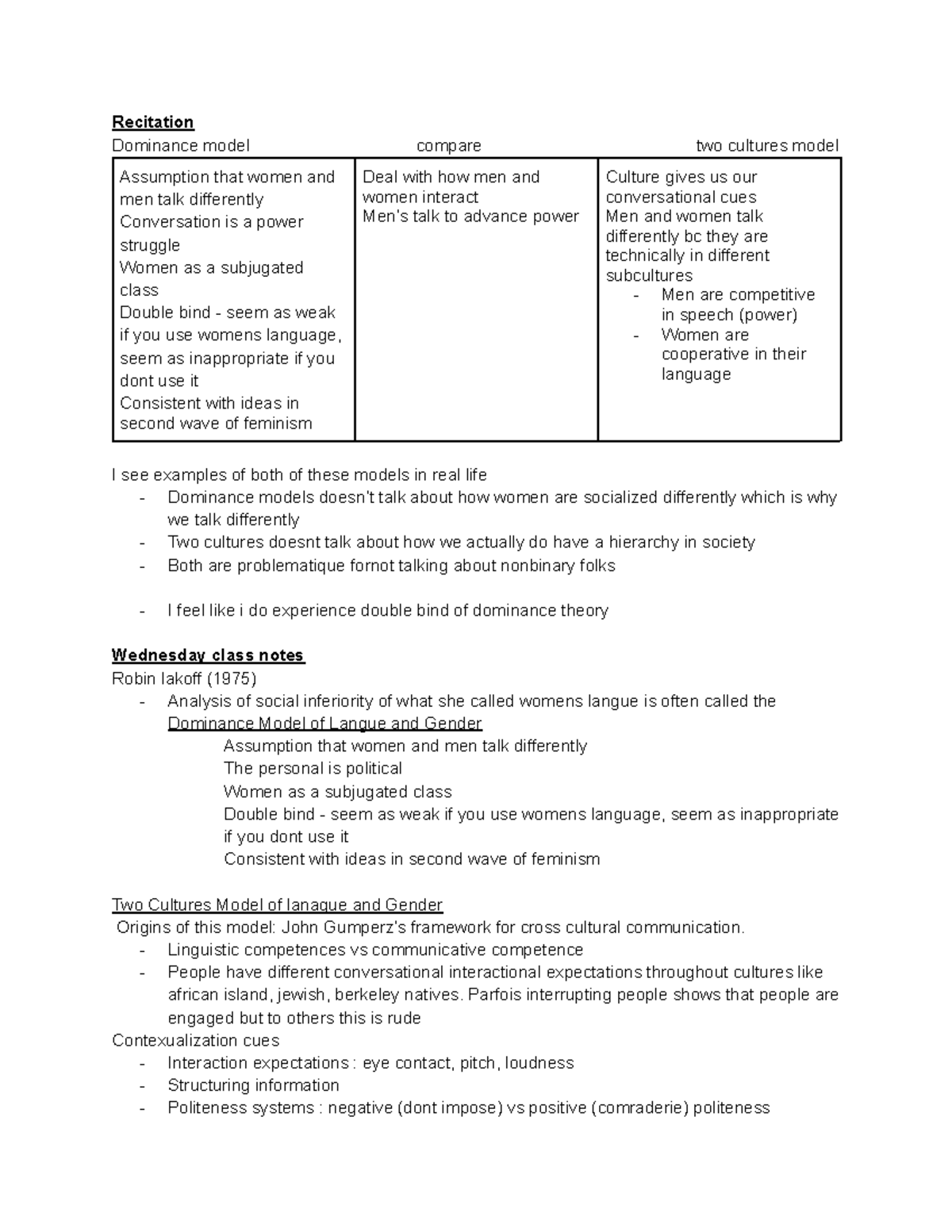 Week 3 LING - Professor Kira Hall. Robin Lakoff. Dominance Model. Two ...