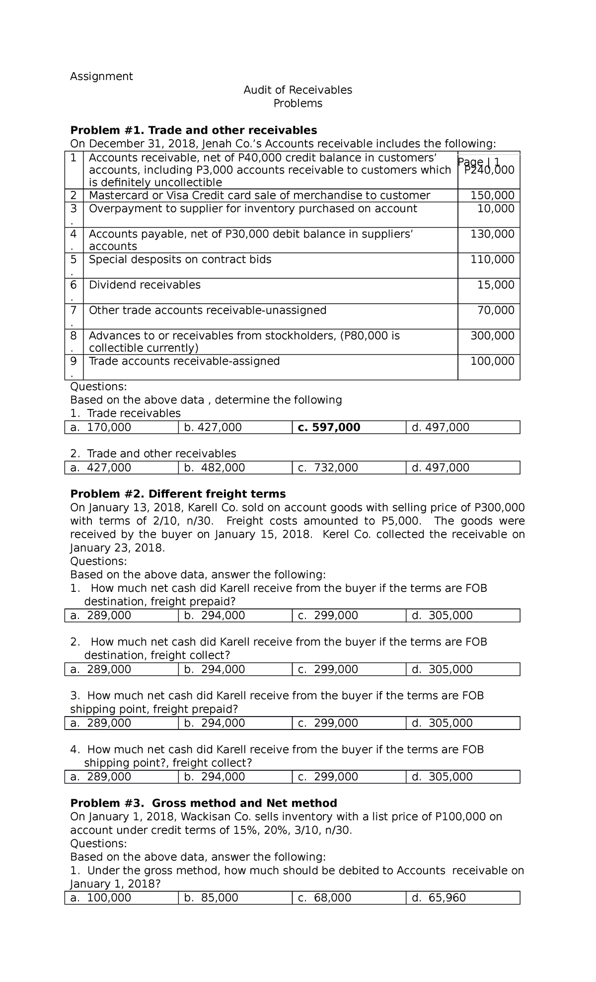 Pdfcoffee - Fhyhhg - Assignment Audit of Receivables Problems Problem #1. Trade and other - Studocu