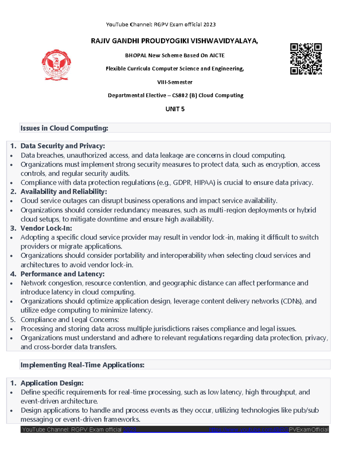 Cloud computing Unit 5 - Summary Computer Science - YouTube Channel: RGPV Exam official 2023 ...