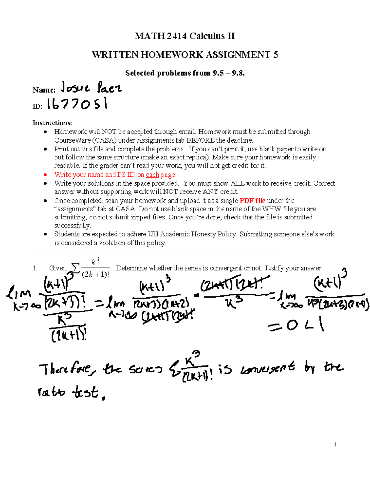2414 whw5 - Written Homework - MATH 2414 Calculus II WRITTEN HOMEWORK ...