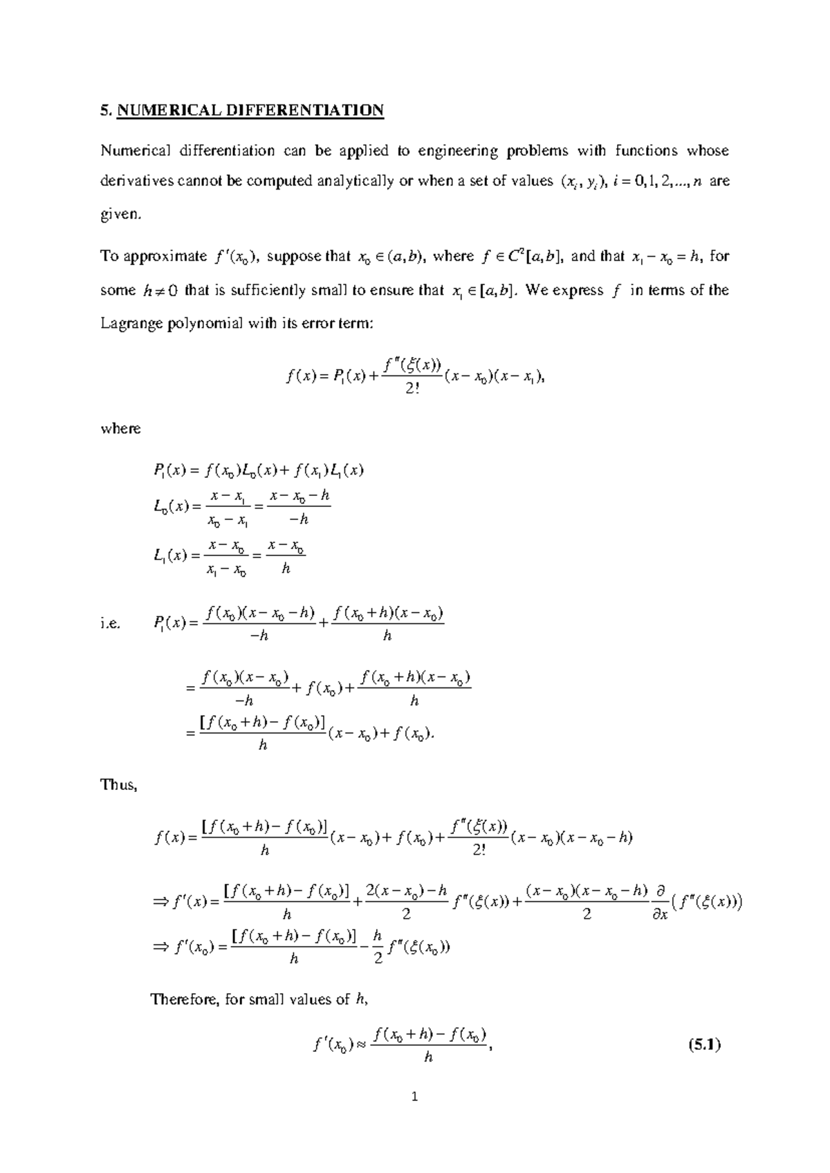5. Numerical Differentiation - 5. NUMERICAL DIFFERENTIATION Numerical differentiation can be ...