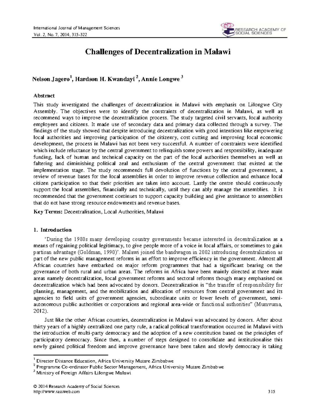 Challenges of Decentralization in Malawi - © 2014 Research Academy of ...