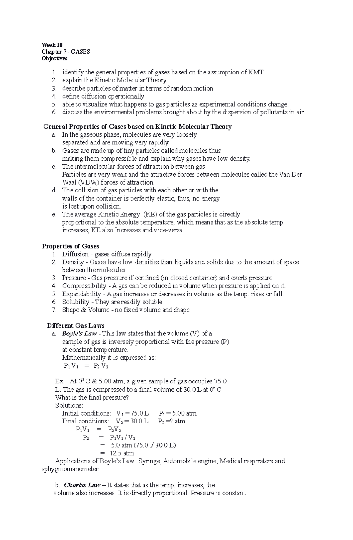 CHEM 111 Wk 10 Gas Laws A Copy - Week 10 Chapter 7 - GASES Objectives 1 ...