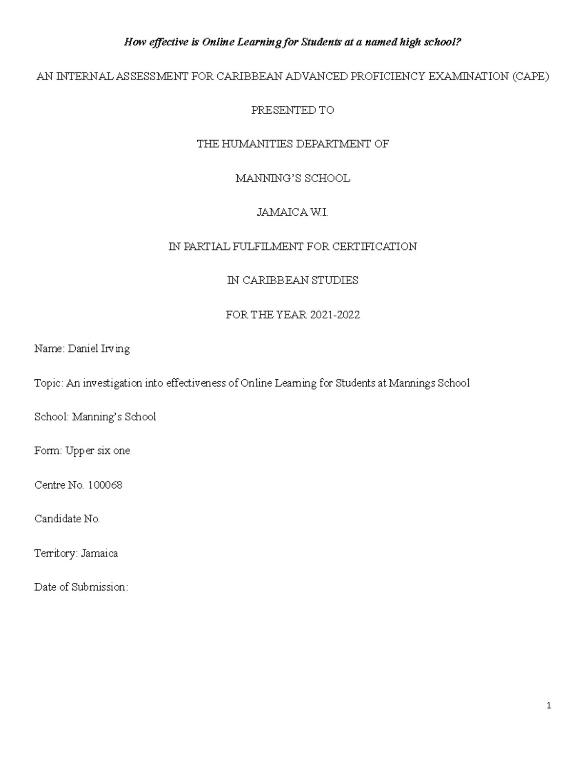 Caribbean studies IA - AN INTERNAL ASSESSMENT FOR CARIBBEAN ADVANCED ...