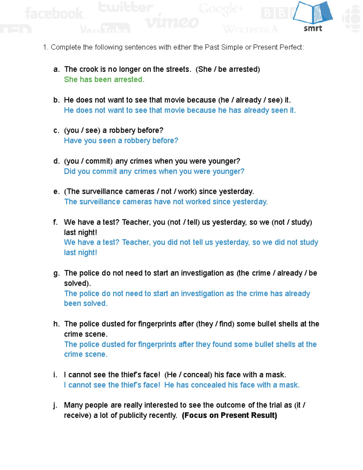 Answers ENGL125 Grammar 8-1 Past Simple and Present Perfect - Complete ...
