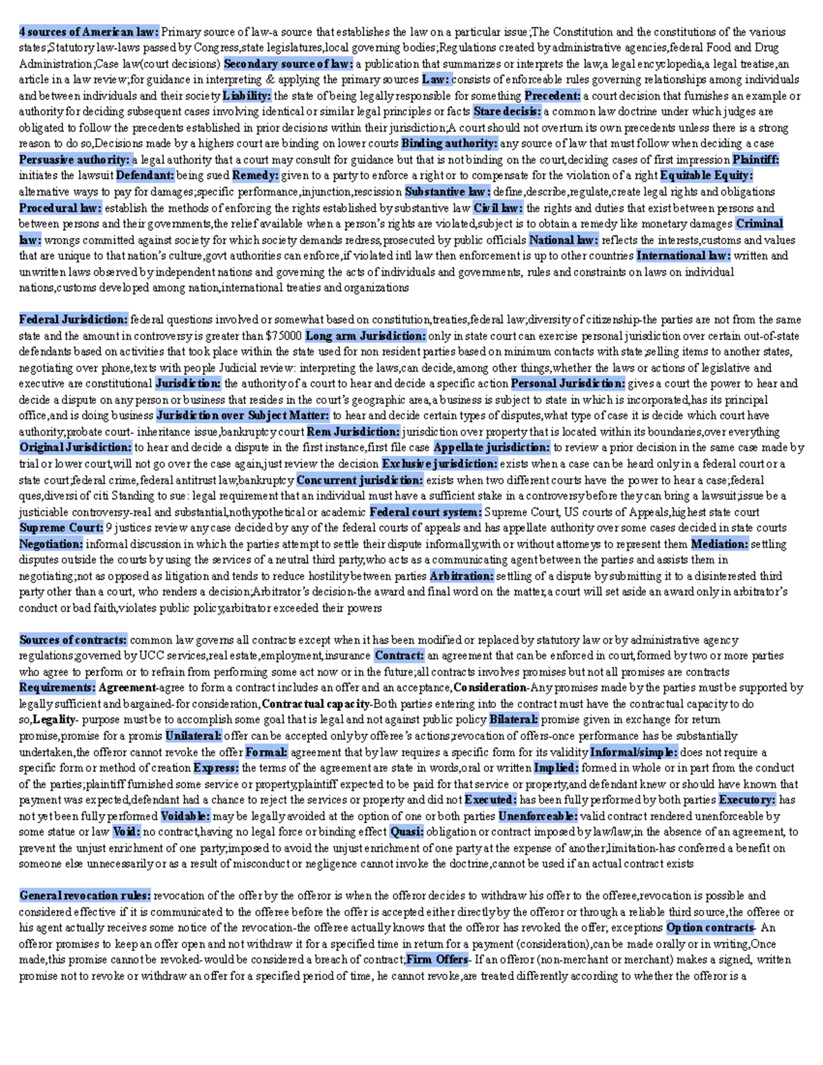 midterm cheatsheet - 4 sources of American law: Primary source of law-a ...