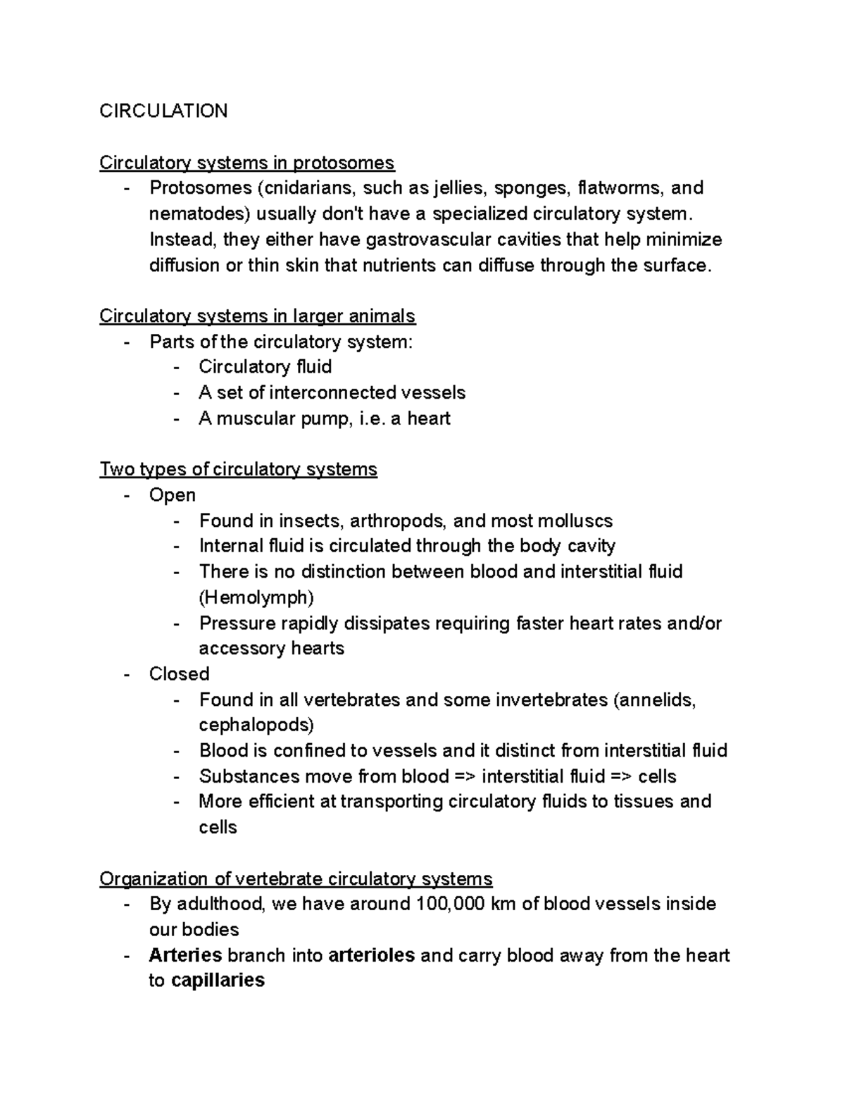 BIOL 186 - Circulation Notes - CIRCULATION Circulatory systems in ...