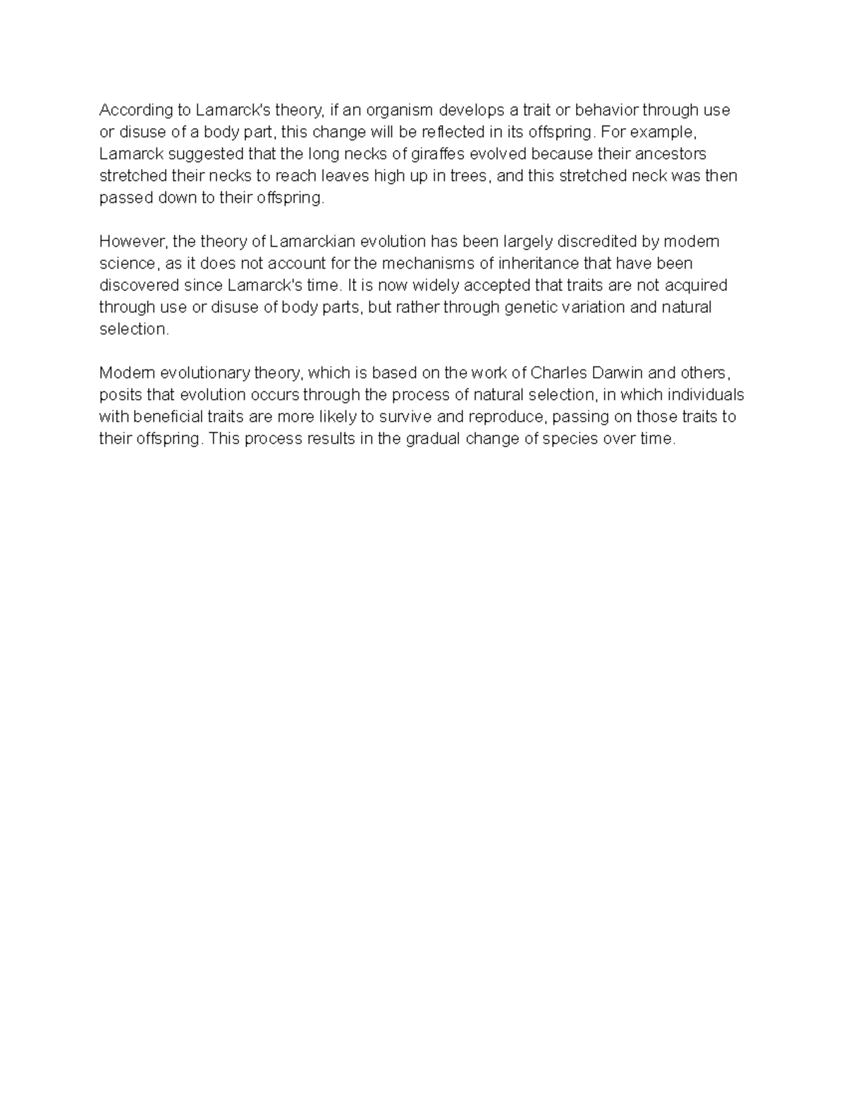 Lamarckian evolution - definition - According to Lamarck's theory, if ...