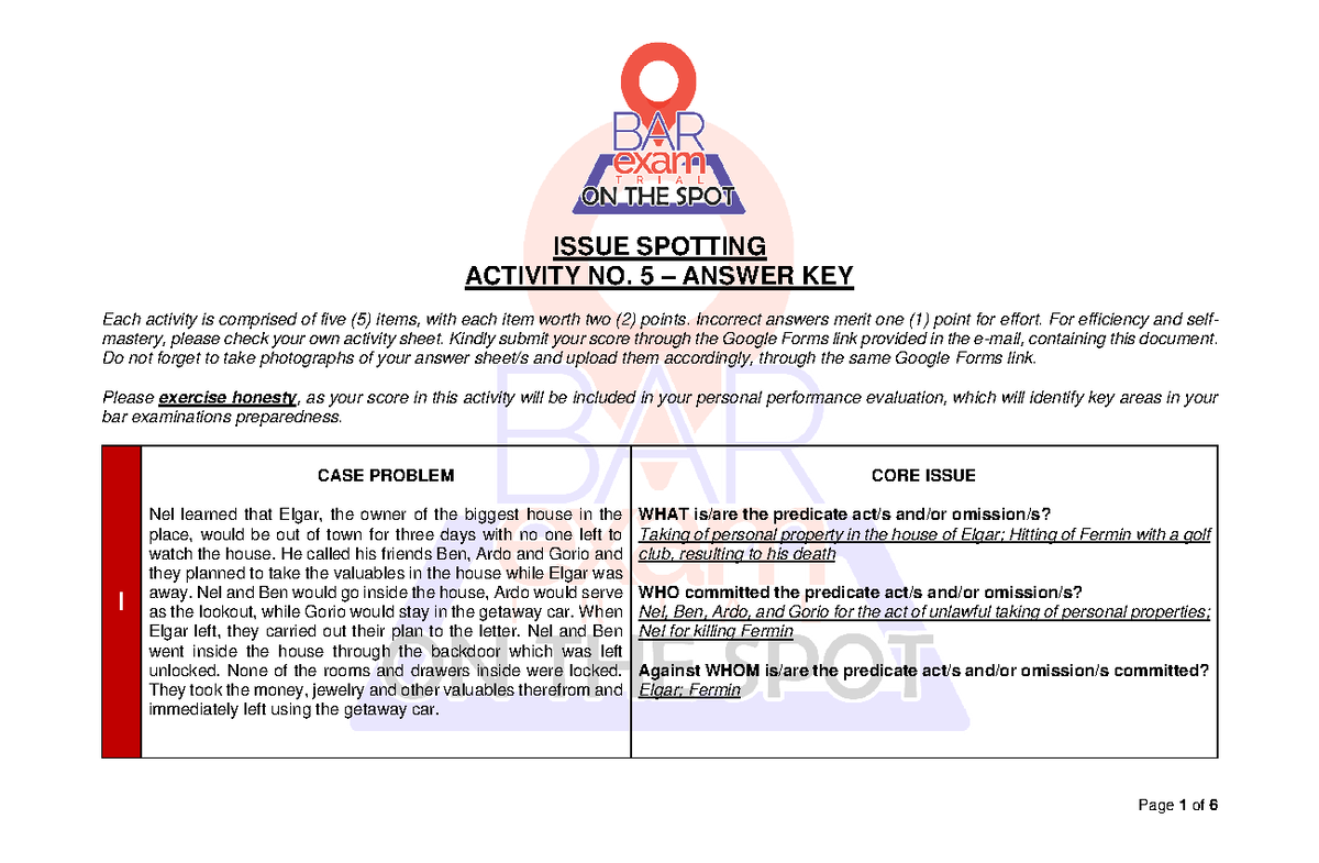 Answer KEY - Issue Spotting - Activity No 6 (Criminal Law) - ISSUE ...