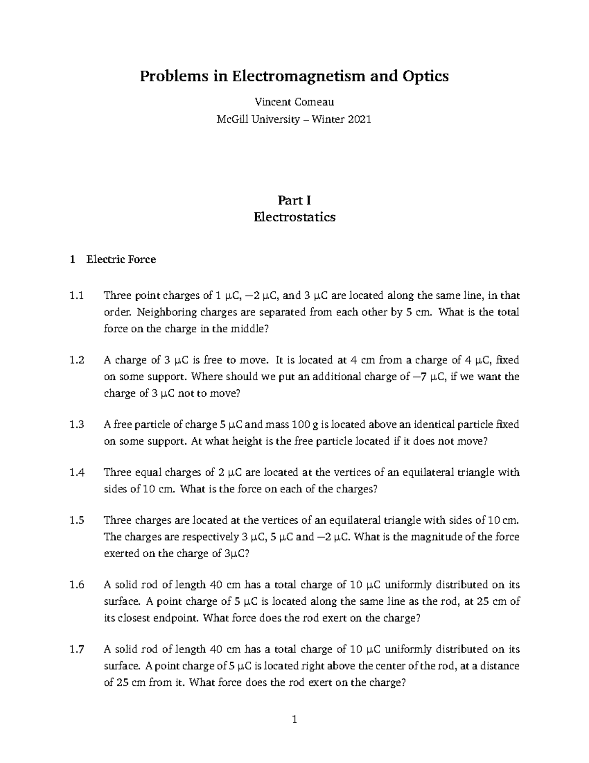 Phys142 tutorials problems - Problems in Electromagnetism and Optics Vincent Comeau McGill - Studocu