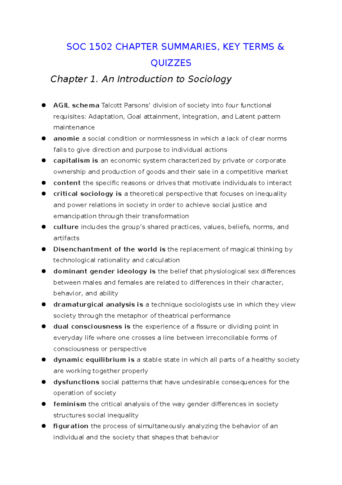 SOC 1502 Chapter Summaries - SOC 1502 CHAPTER SUMMARIES, KEY TERMS ...
