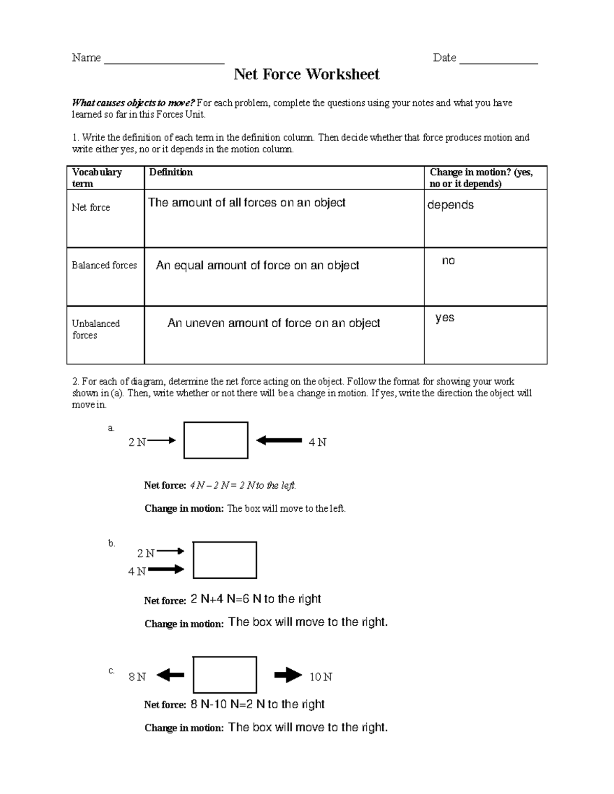 Ella Daniels - Net Forces Worksheet - Name ____________________ Date ...